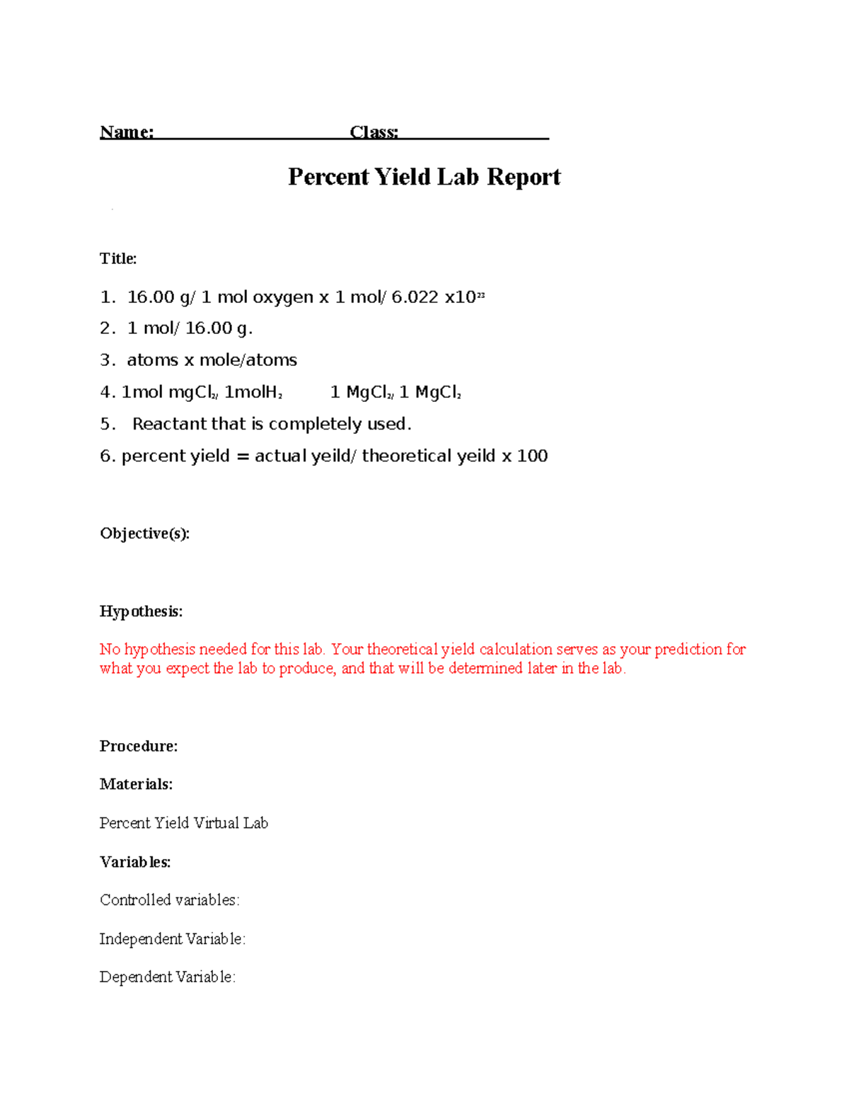 Lab Report Percent Yield Student - Name: Class: Percent Yield Lab ...