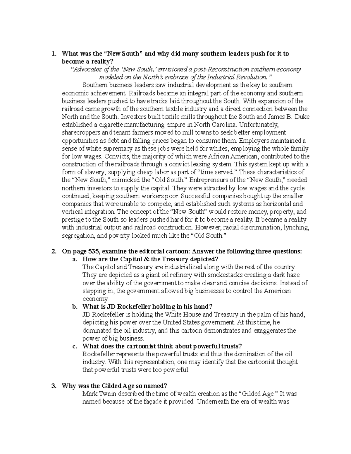 History Questions Ch. SUMMARY QUESTIONS - 1. What was the “New South ...