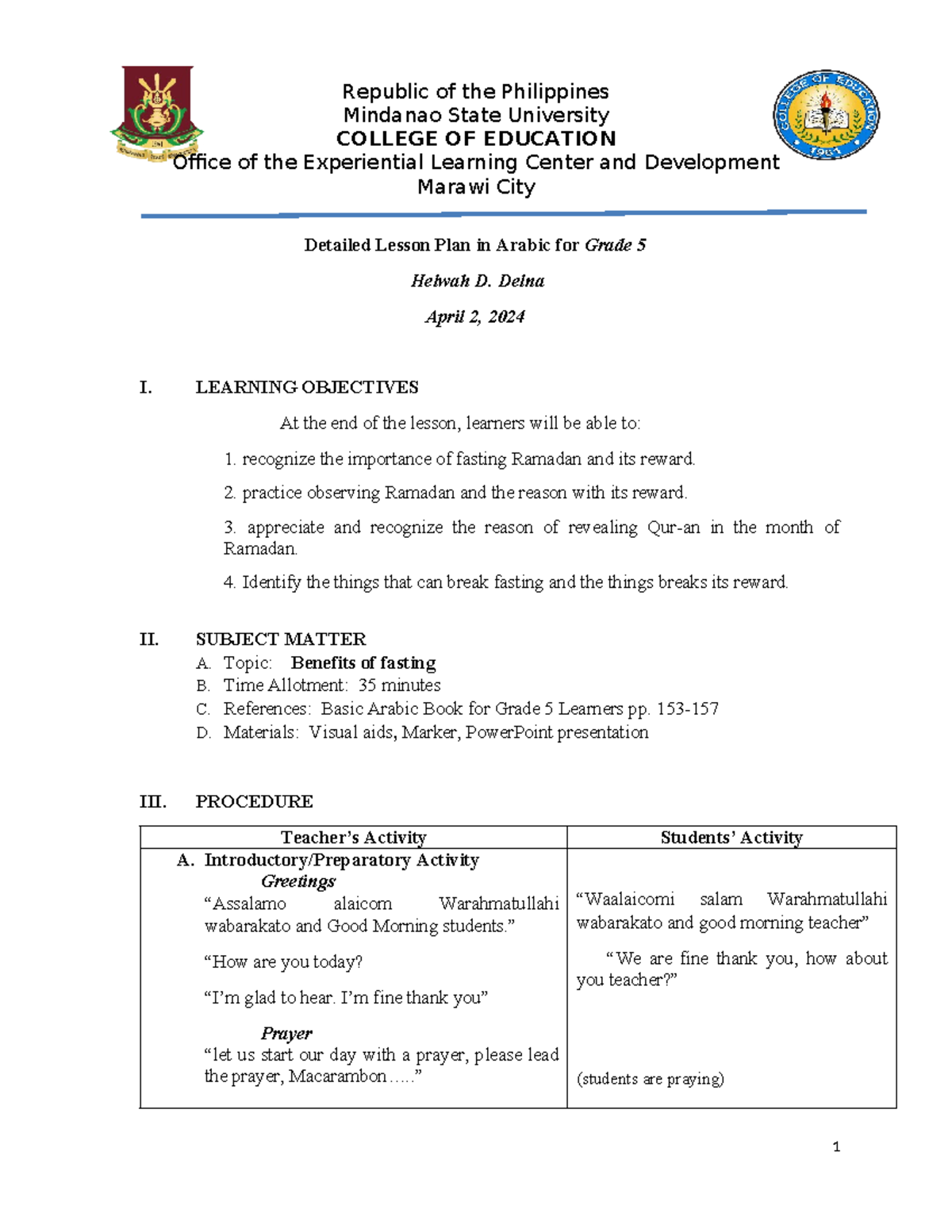 Detailed lesson plan About Arabic lesson regarding Fasting - Republic ...