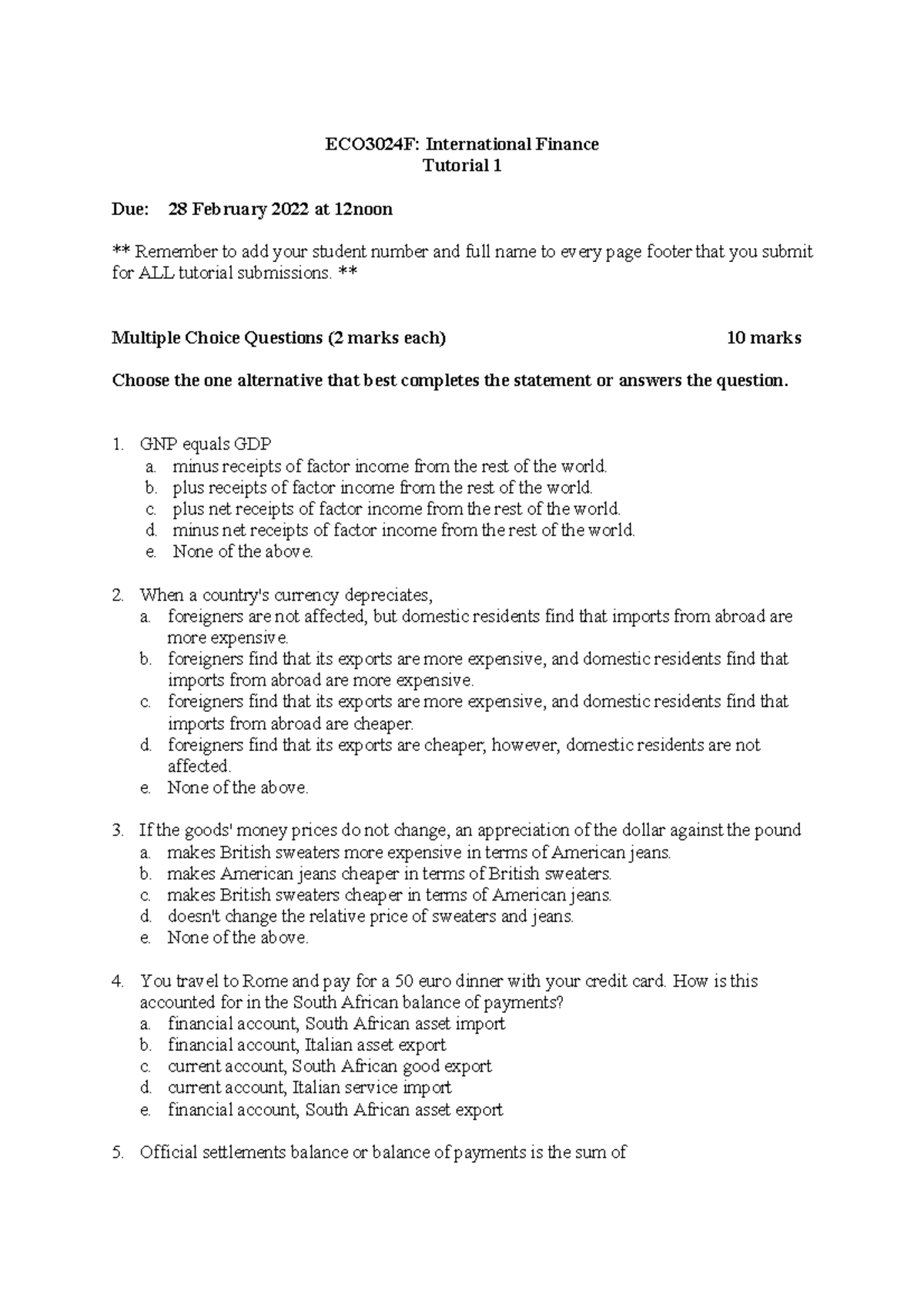 ECO34 - Tut 1 - Tutorial Assignment 1 - ECO3024F: International Finance ...