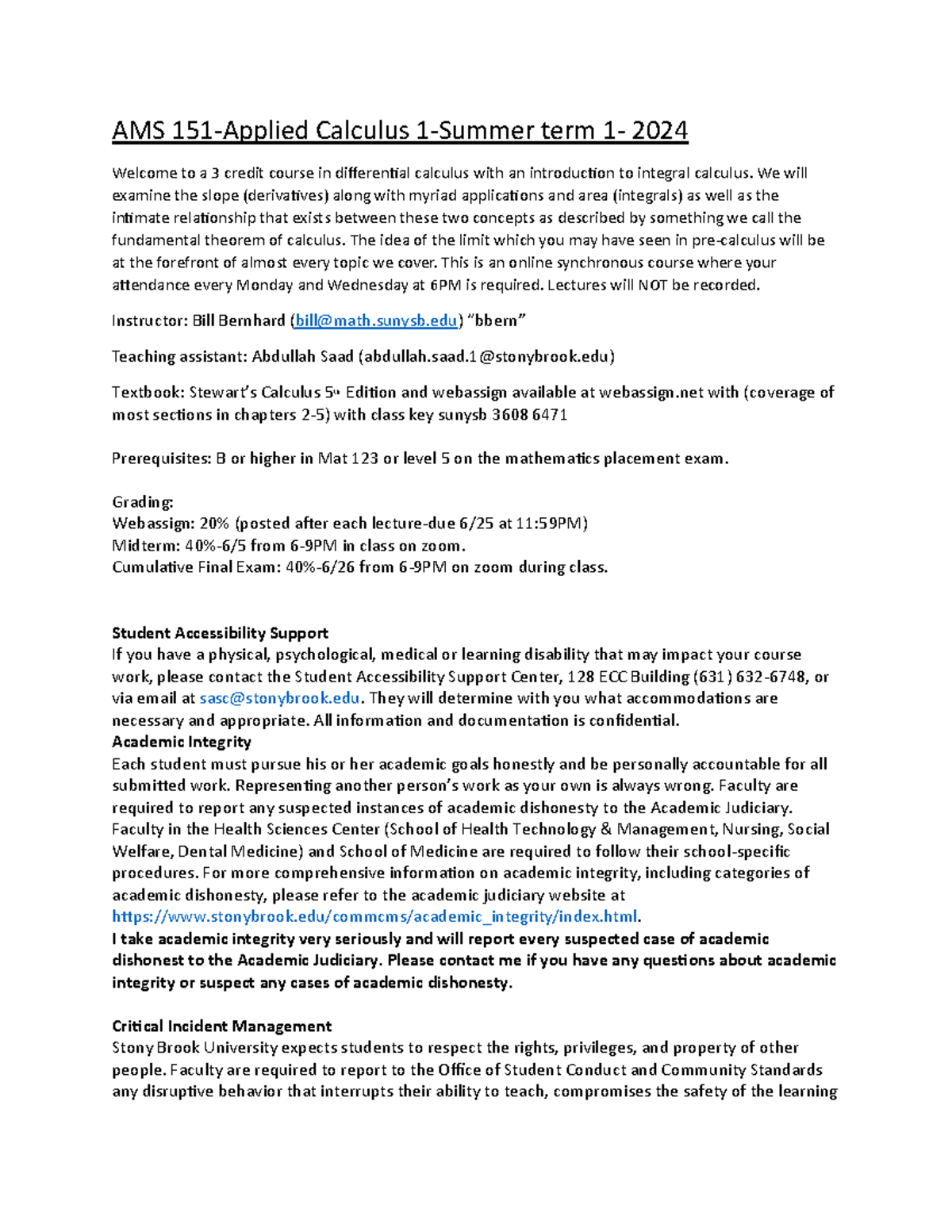 Ams 151 summer 1 2024 syllabus - AMS 1 51 - Applied Calculus 1 - Summer ...