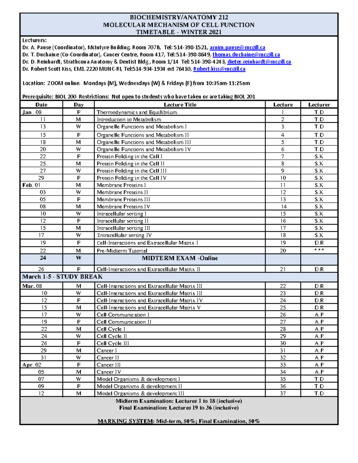 BIOC-ANAT 212 Timetable-Outline 21 Revised Jan12 - BIOCHEMISTRY/ANATOMY ...