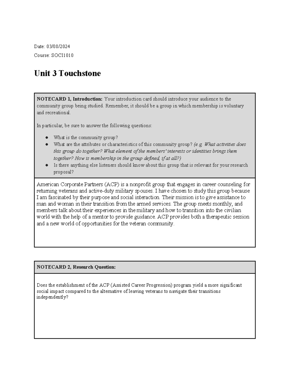 SOCI1010 Touchstone 3 Template for submittion - Date: 03/08/ Course: SOCI Unit 3 Touchstone ...