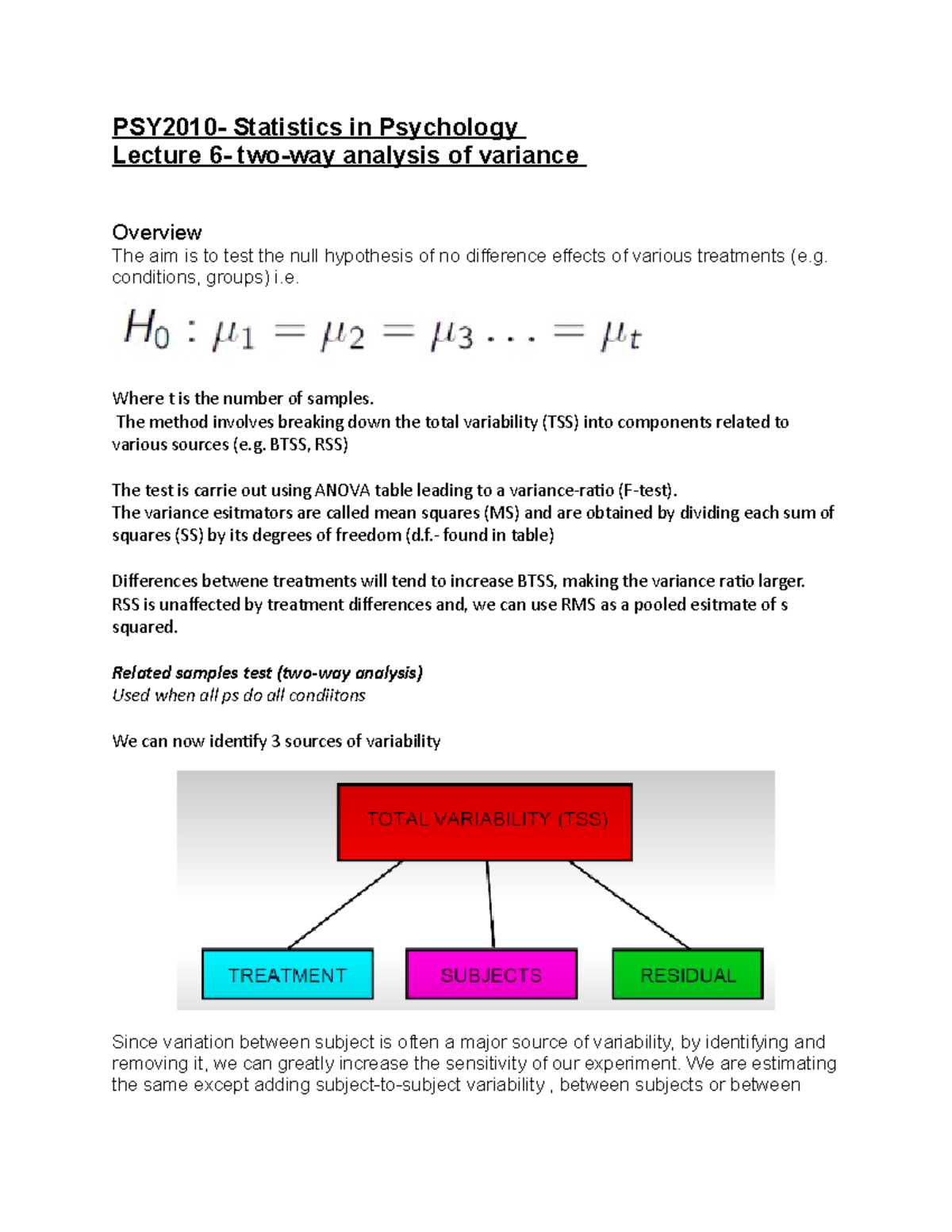 Lec6- two-way Anova - Lecture notes 6 - PSY2010- Statistics in ...