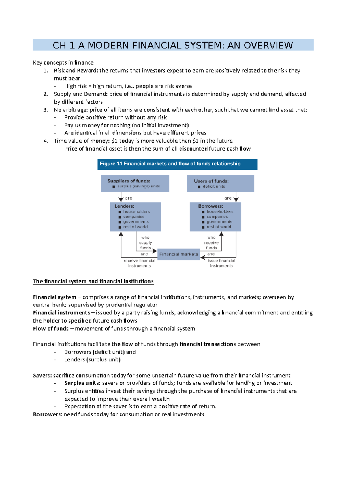 Fins1612 chapter 1 notes - CH 1 A MODERN FINANCIAL SYSTEM: AN OVERVIEW ...