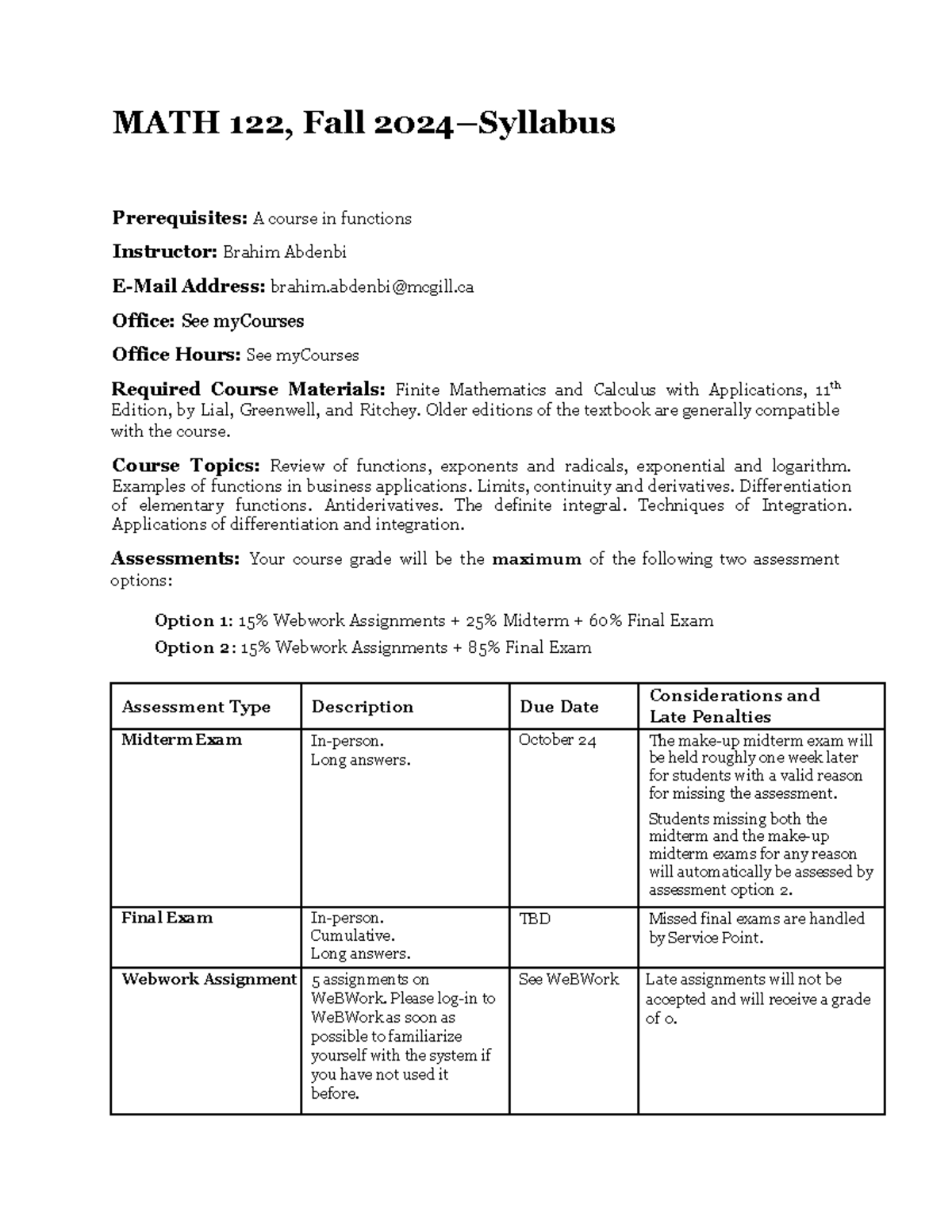 MATH 122 Course Outline F2024 - MATH 122, Fall 2024–Syllabus ...