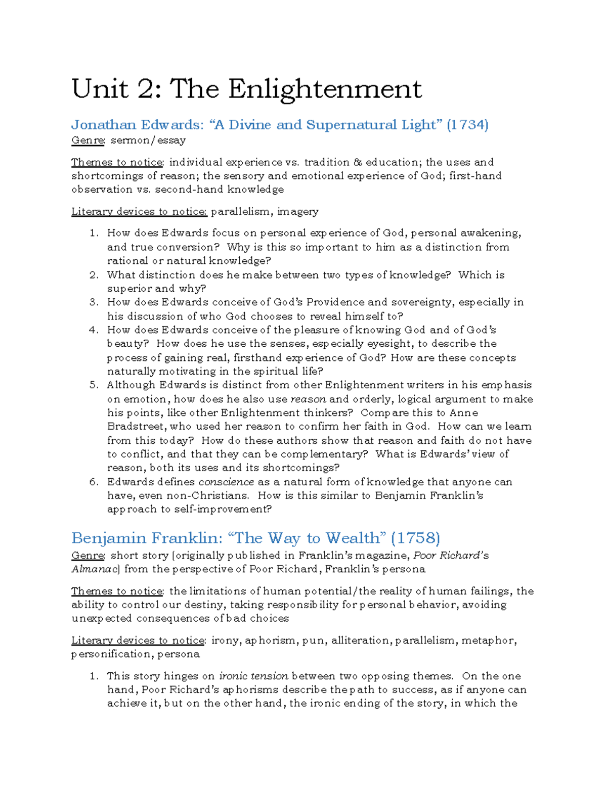 Unit 2 Study Guide - Unit 2: The Enlightenment Jonathan Edwards: “A ...