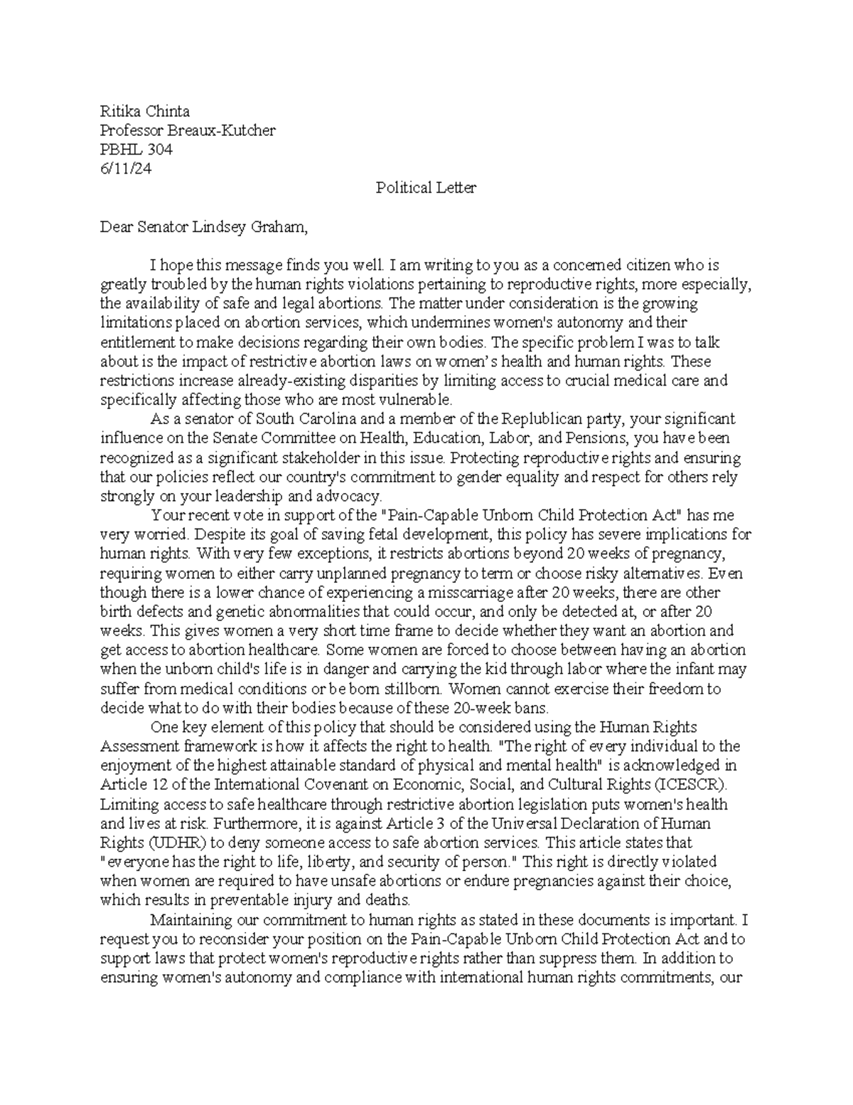 Chinta Political Letter - Ritika Chinta Professor Breaux-Kutcher PBHL ...