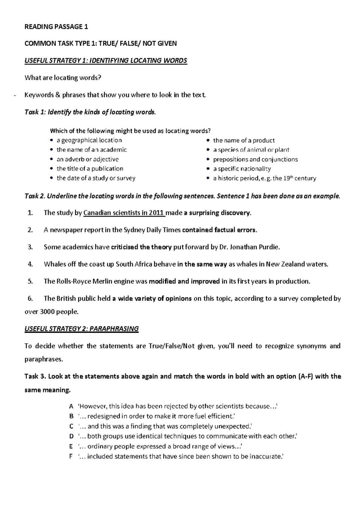 Passage 1 strategies & practice - READING PASSAGE 1 COMMON TASK TYPE 1 ...