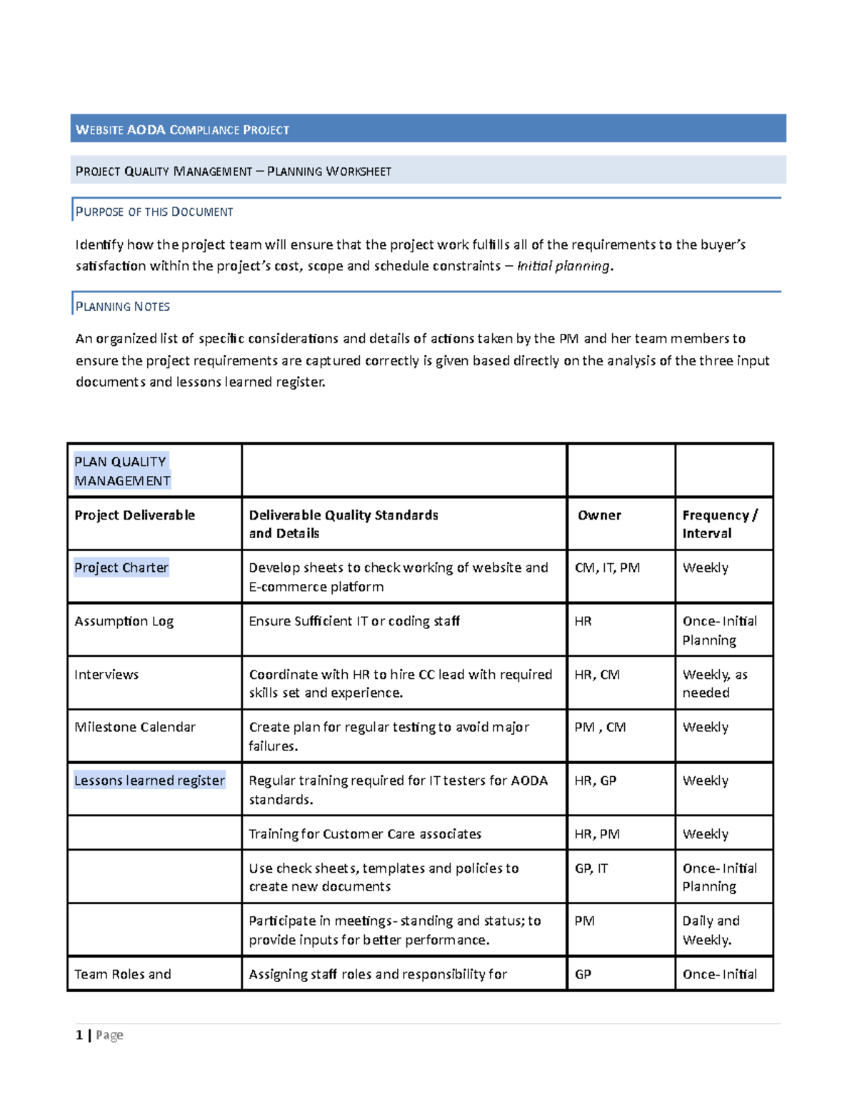 Project Quality Planning Worksheet - WEBSITE AODA COMPLIANCE PROJECT ...