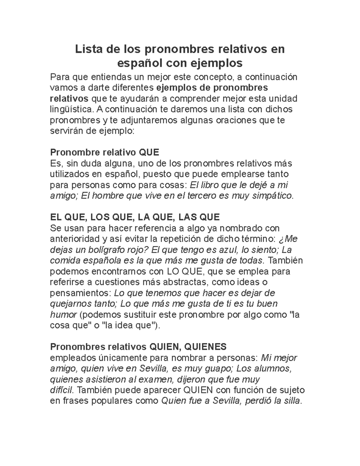 Material teórico Lista de los pronombres relativos en español con ...
