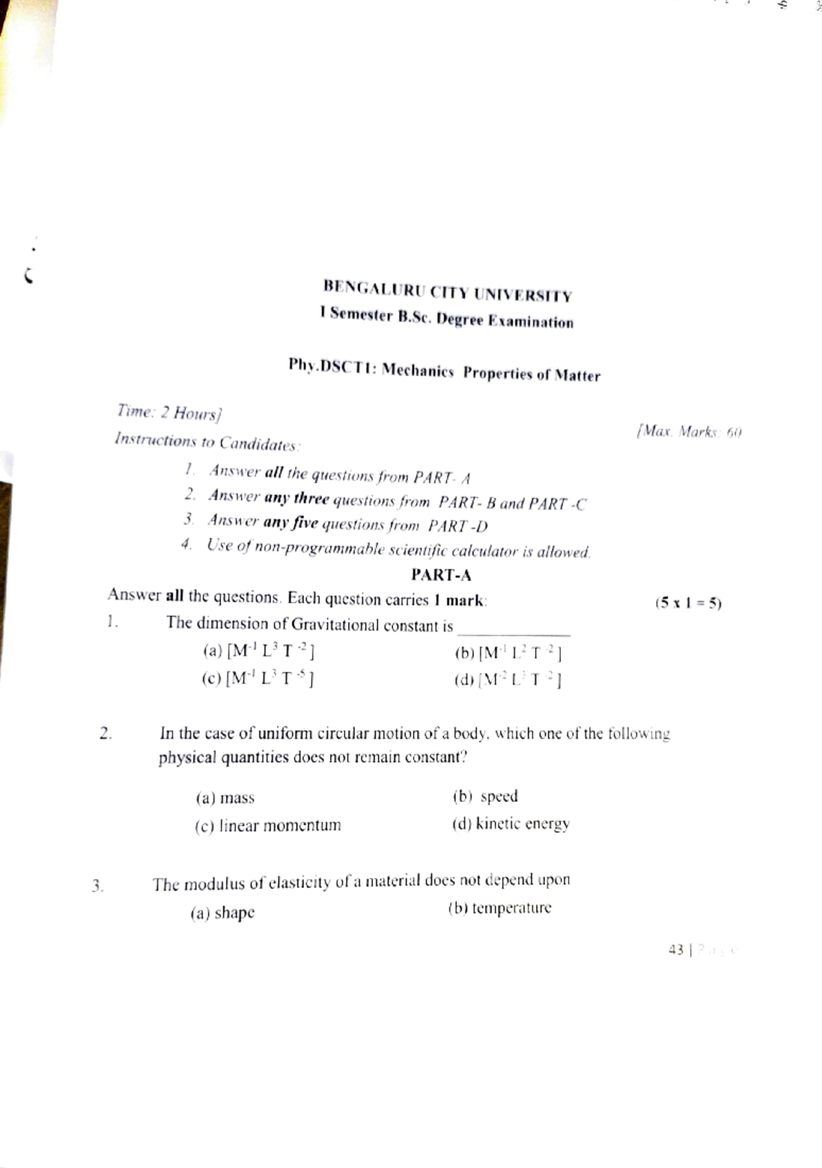 Physics bsc model paper 1 - BENGALURU CITY UNIVERSITTY I Semester B ...