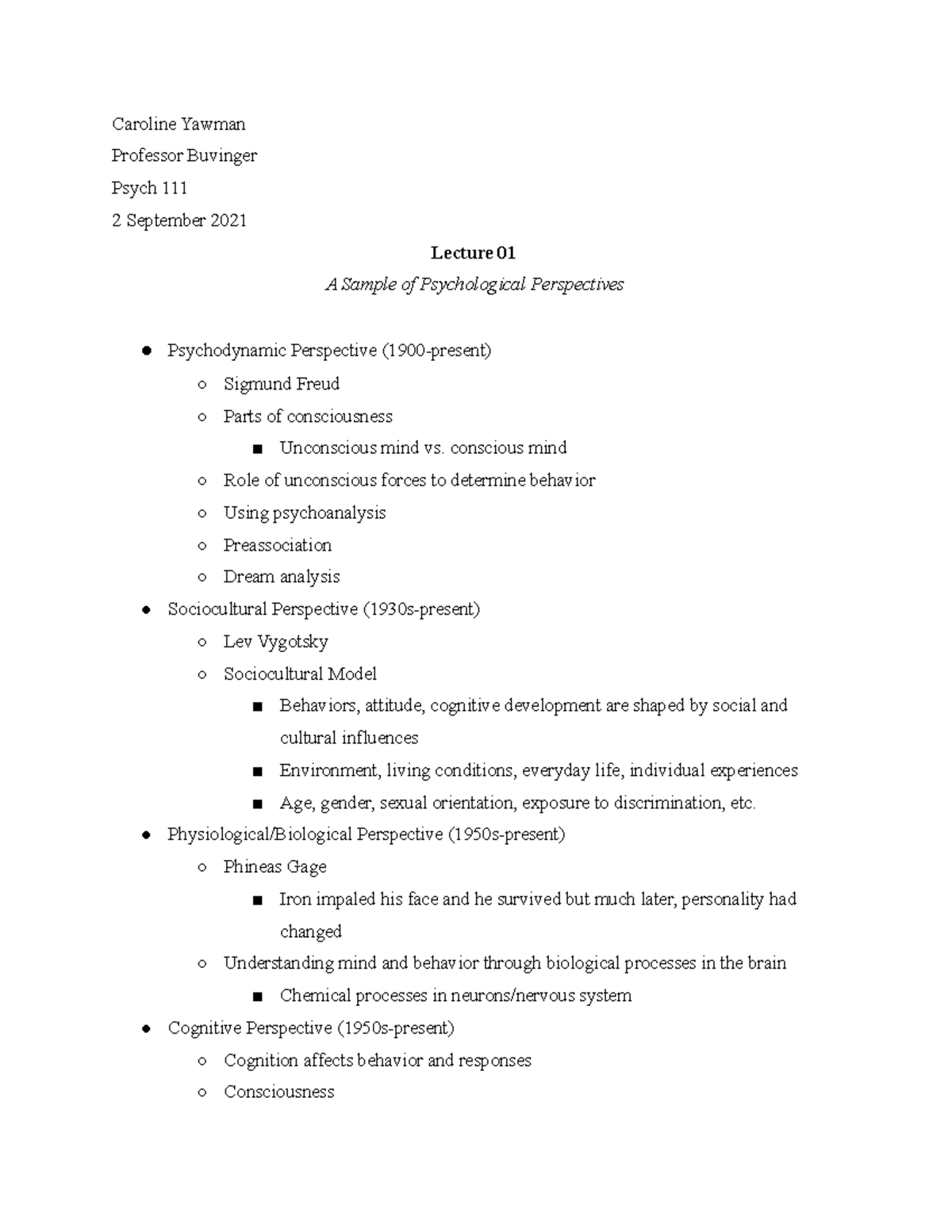 Lecture 1 A Sample of Psychological Perspectives - Caroline Yawman ...