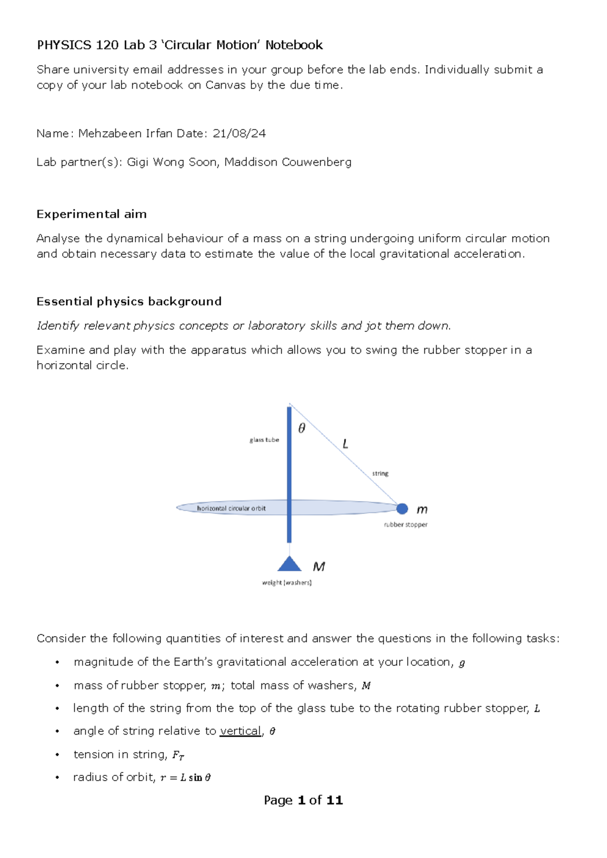 Physics 120 Lab 3 Notebook Template 1245 - PHYSICS 12 0 Lab 3 ‘Circular ...