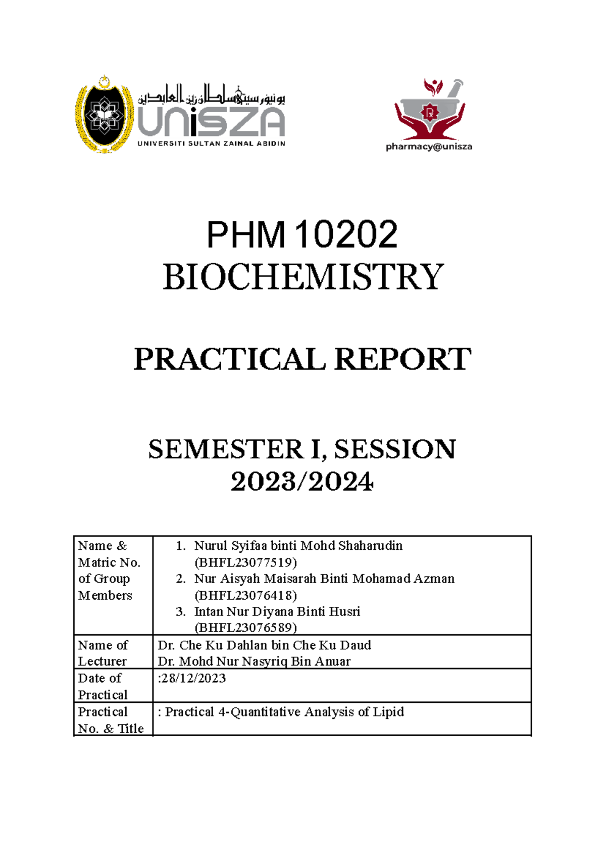 P4 Biochemistry - practical practice - PHM 10202 BIOCHEMISTRY PRACTICAL ...