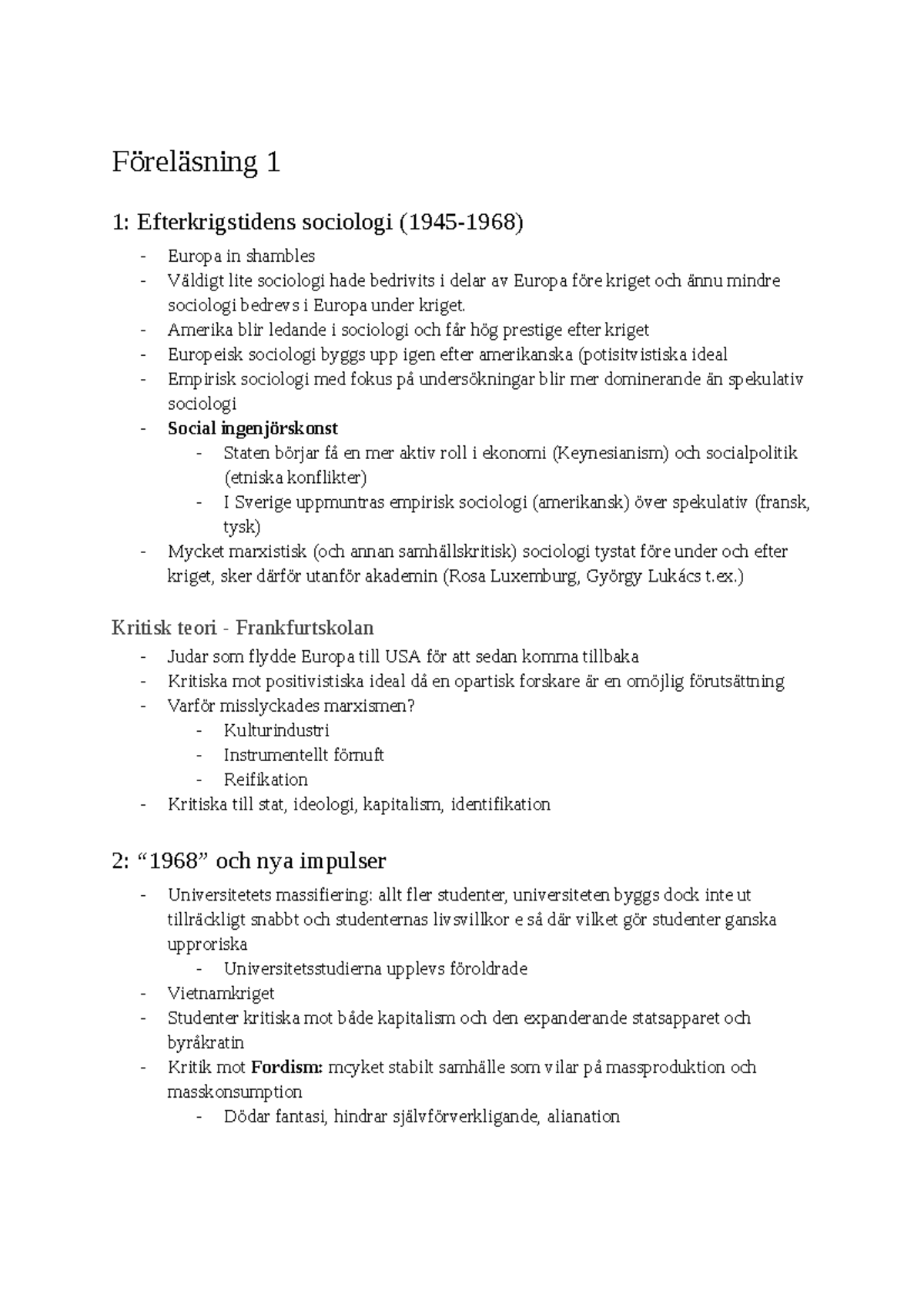 Sociologi delkurs 2 anteckningar - Föreläsning 1 1: Efterkrigstidens ...
