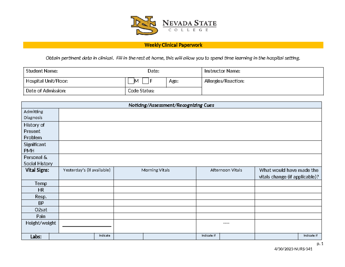 N341 - Clinical PPW Template - Weekly Clinical Paperwork Obtain ...