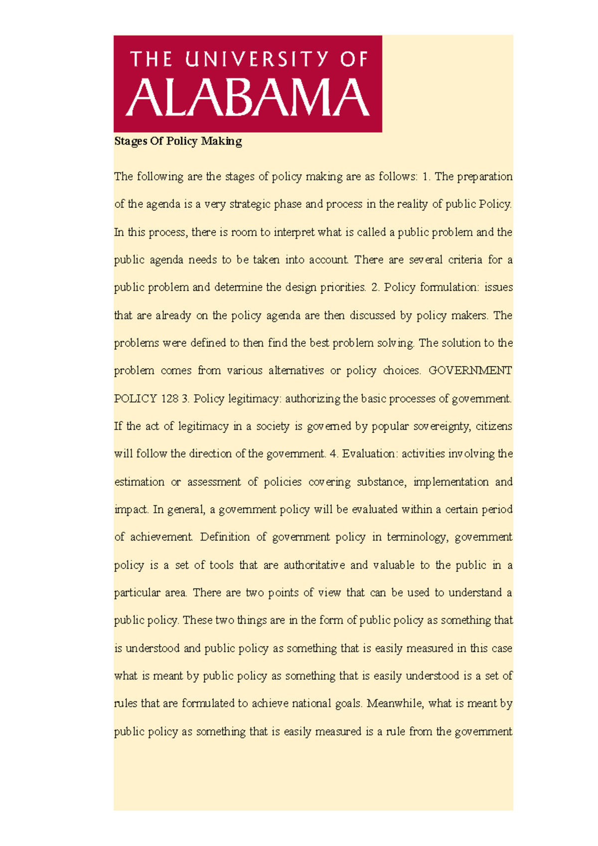 Lecture Documents Economics - Stages Of Policy Making - Stages Of ...