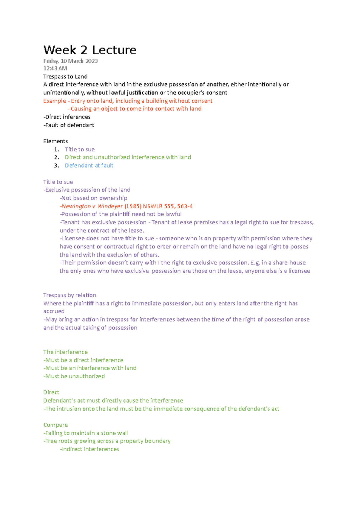 Week 2 Lecture Torts - Week 2 Lecture Friday, 10 March 2023 12:43 AM Trespass to Land A direct ...