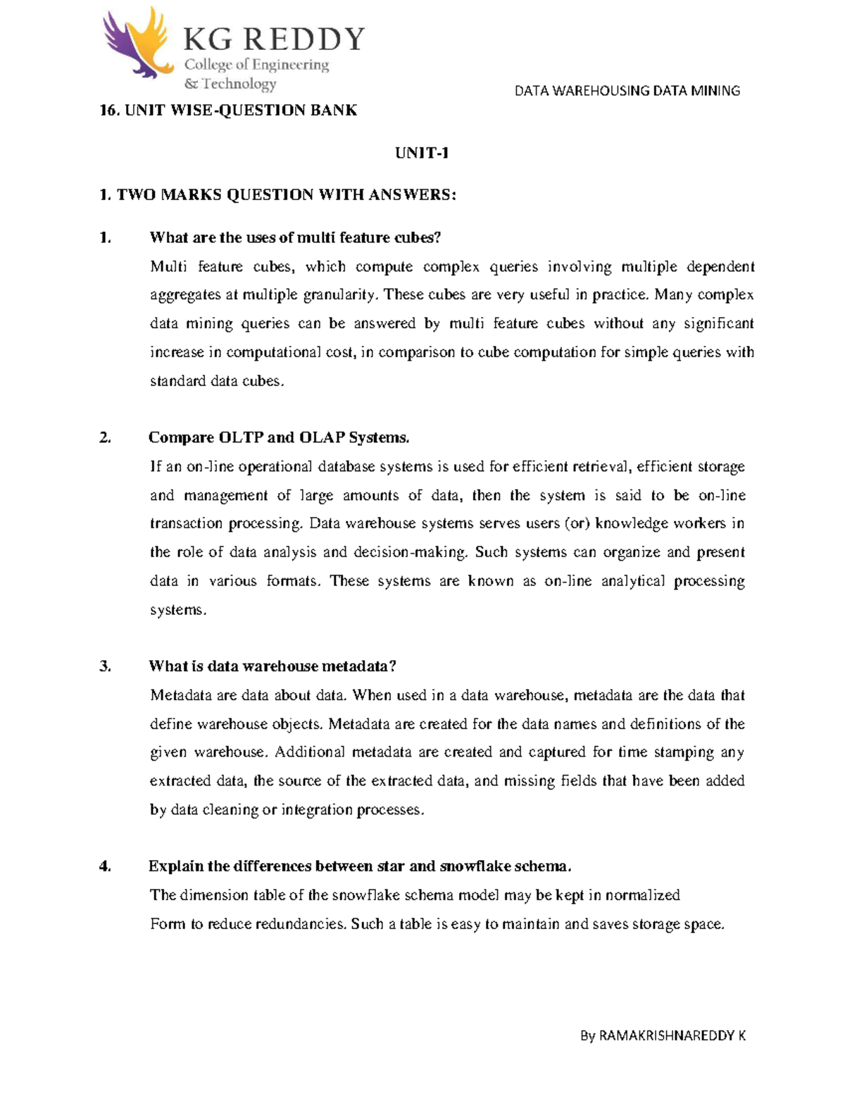 DATA Warehouse - Machine learning notes - 16. UNIT WISE-QUESTION BANK ...