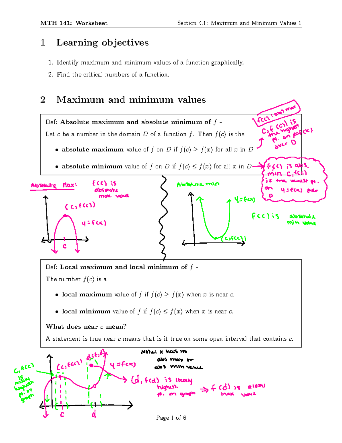 MTH 141 - SECTION 4.1 - 1 Learning objectives 1. Identify maximum and ...