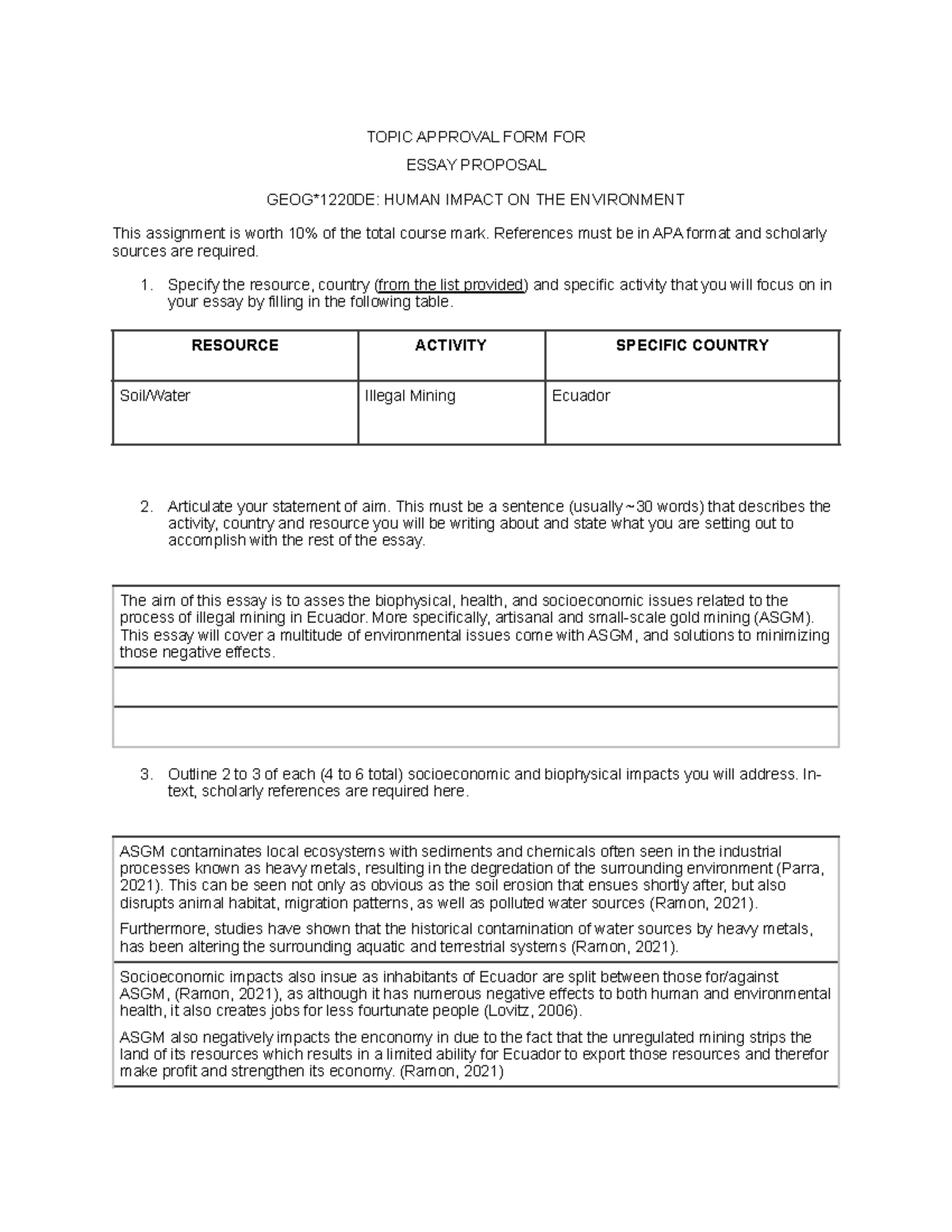 GEOG1220DE Essay Proposal Form - TOPIC APPROVAL FORM FOR ESSAY PROPOSAL ...