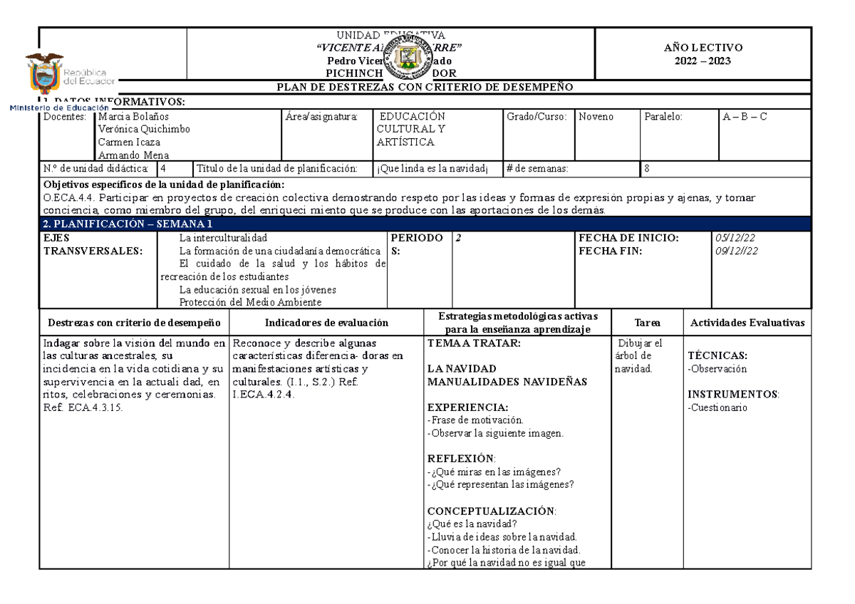 Plan de Eca 4ta unidad noveno - UNIDAD EDUCATIVA “VICENTE ANDA AGUIRRE ...