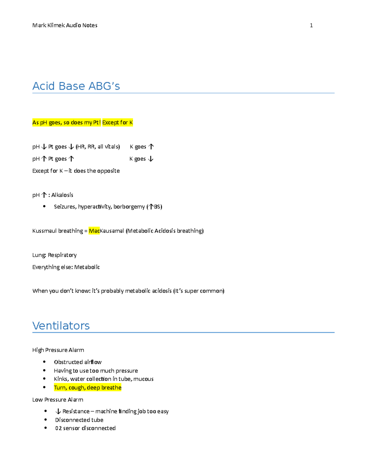 427483447 Mark Klimek Notes - Acid Base ABG’s As pH goes, so does my Pt ...