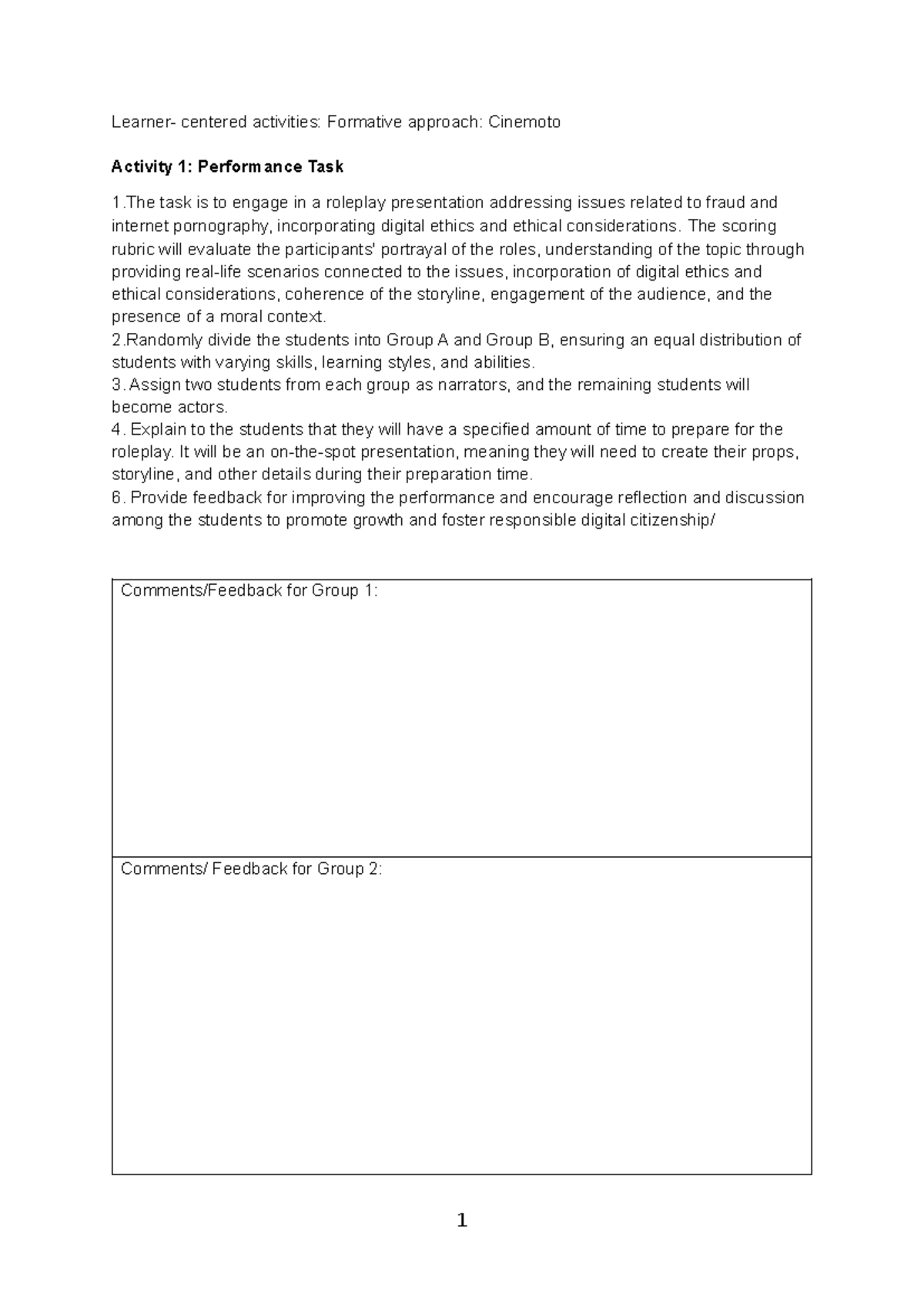 Activity Scoring rubric faci - Learner- centered activities: Formative ...