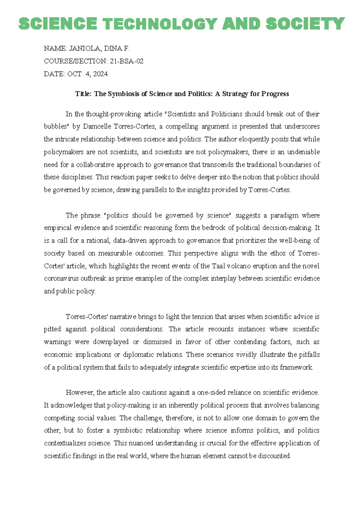 STS Reaction Paper - SCIENCE TECHNOLOGY AND SOCIETY NAME: JANIOLA, DINA ...