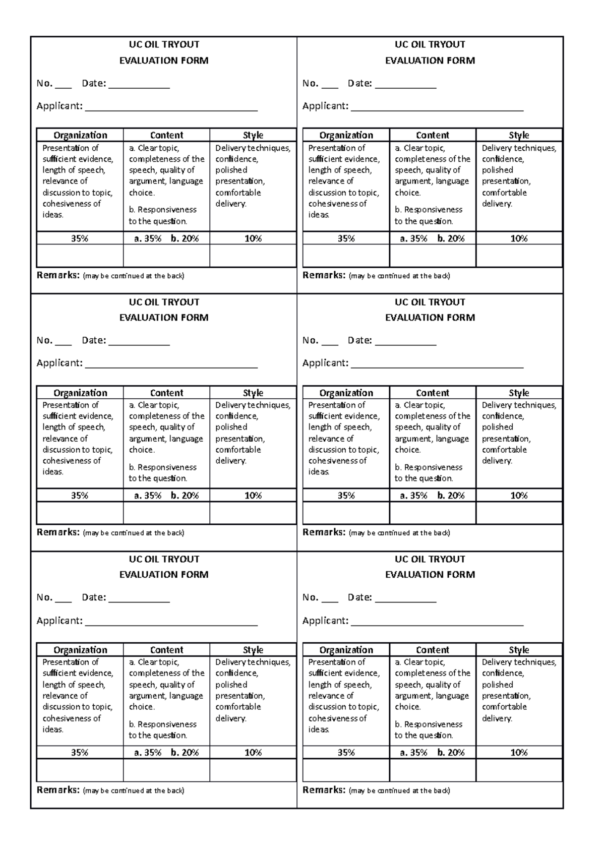 UC OIL Tryout Eval Form - UC OIL TRYOUT EVALUATION FORM No. ___ Date ...