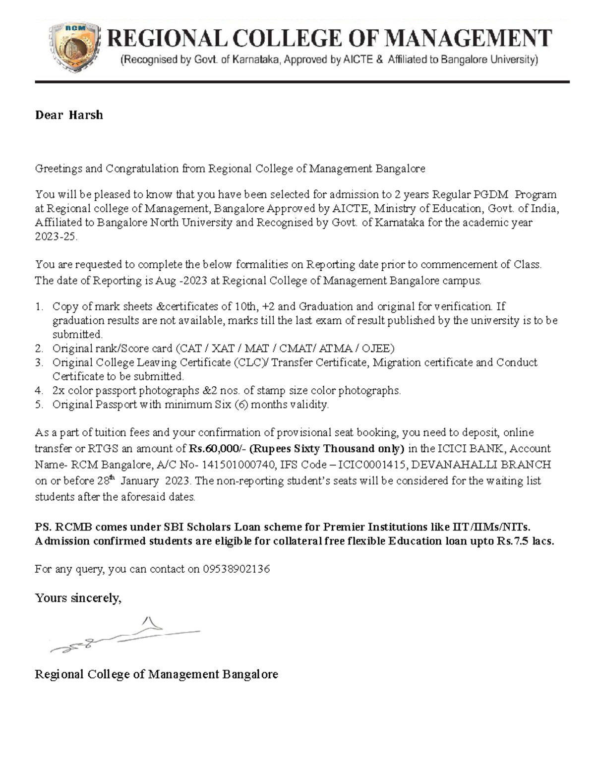 Selection Letter MBA 2022 24 - Dear Harsh Greetings and Congratulation ...