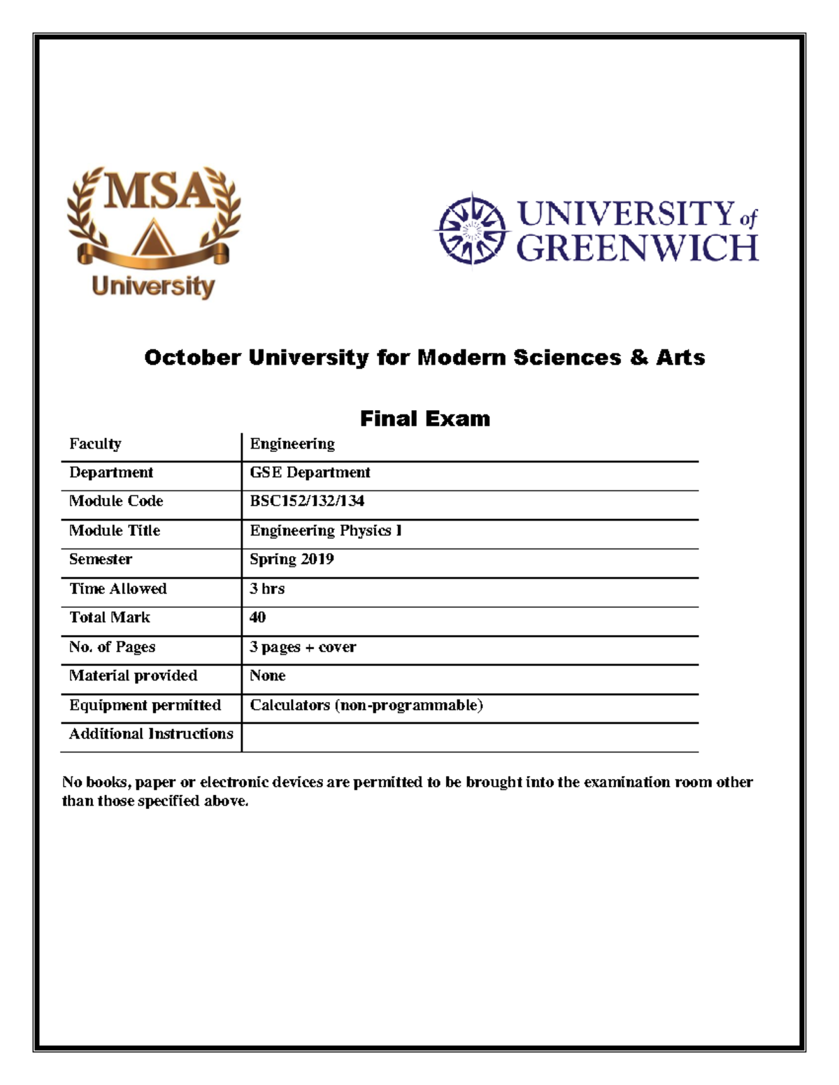 Final exam - Spring 2019 - October University for Modern Sciences ...
