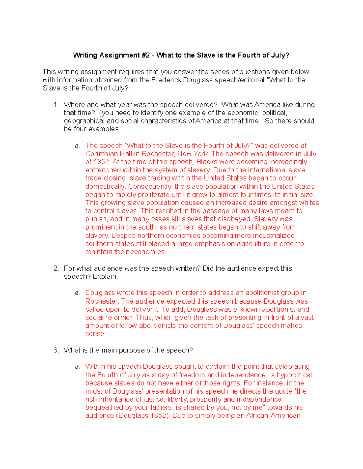 Writing Assignment #2 What to the Slave is the Fourth of July Primary ...