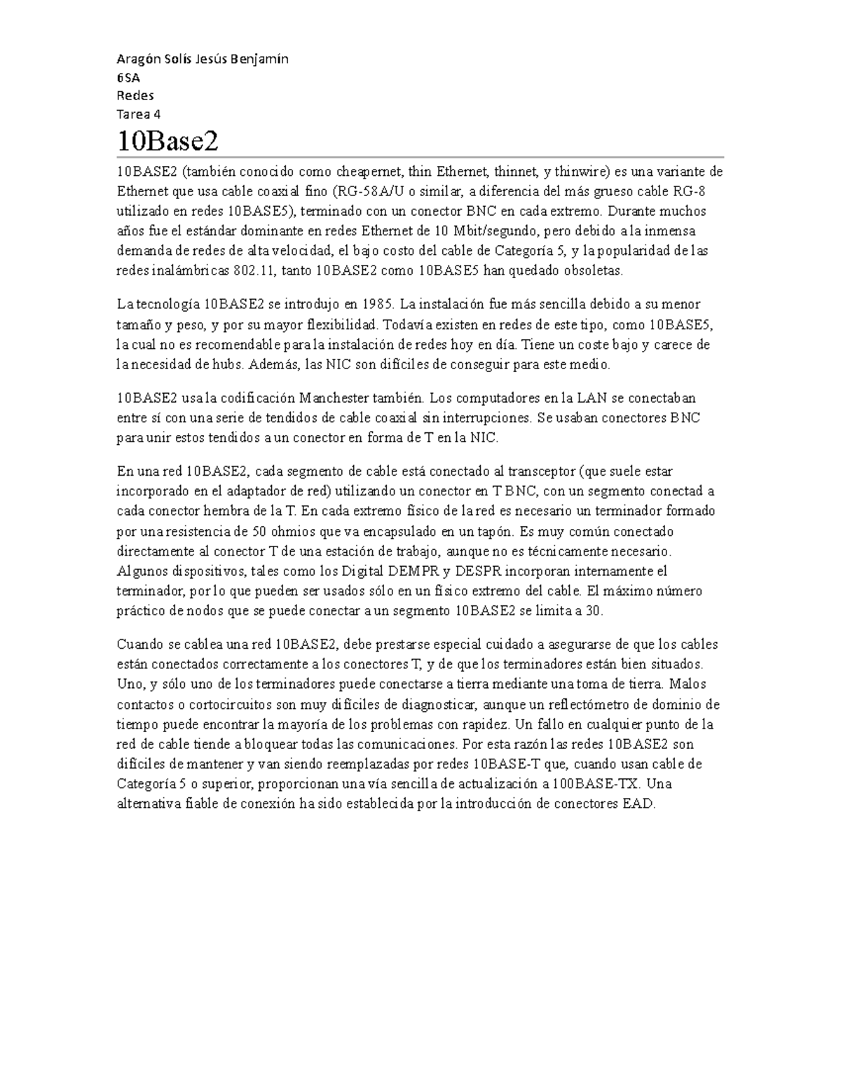 10Base2 - 6SA Redes Tarea 4 10Base 10BASE2 (también conocido como ...