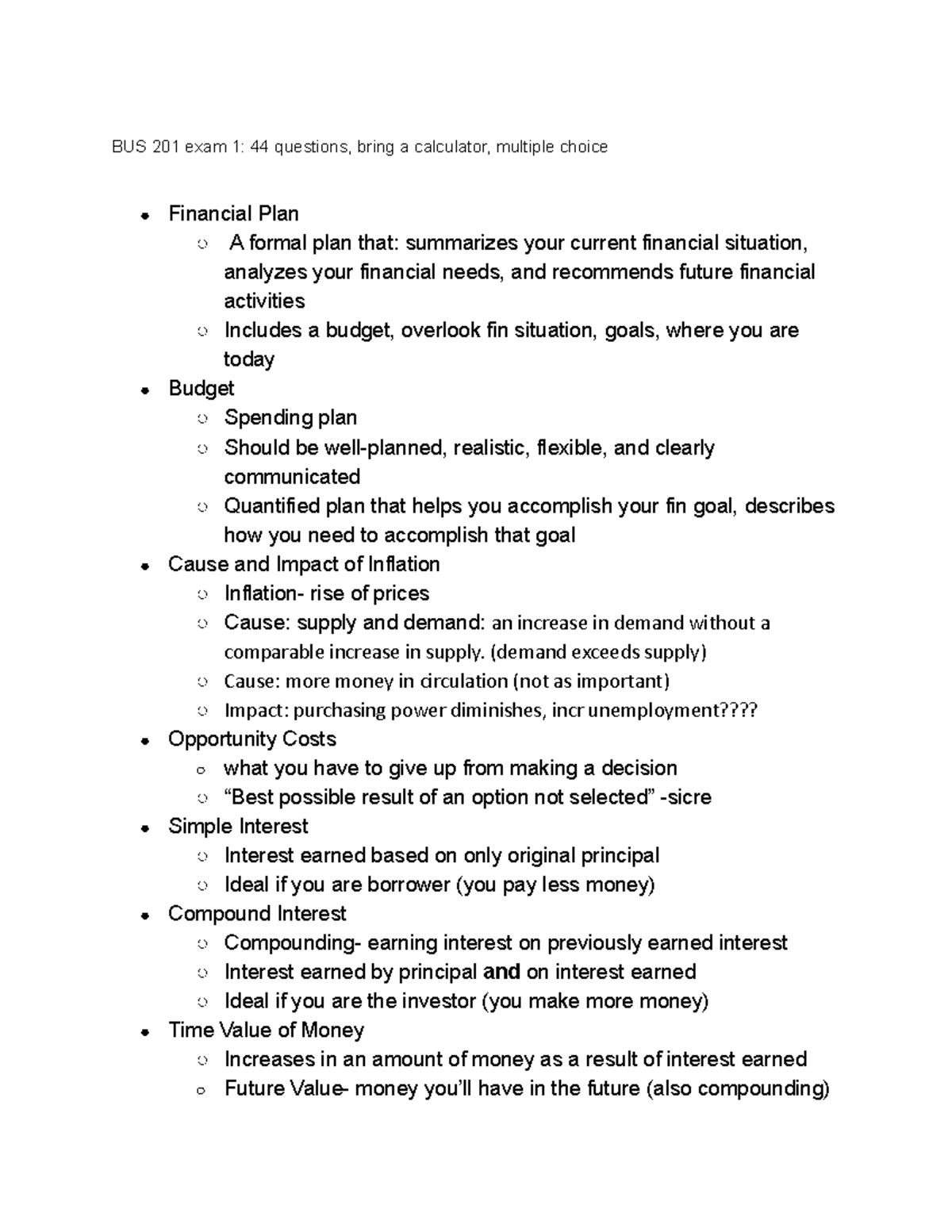 BUS 201 updated exam 1 - notes - BUS 201 exam 1: 44 questions, bring a ...