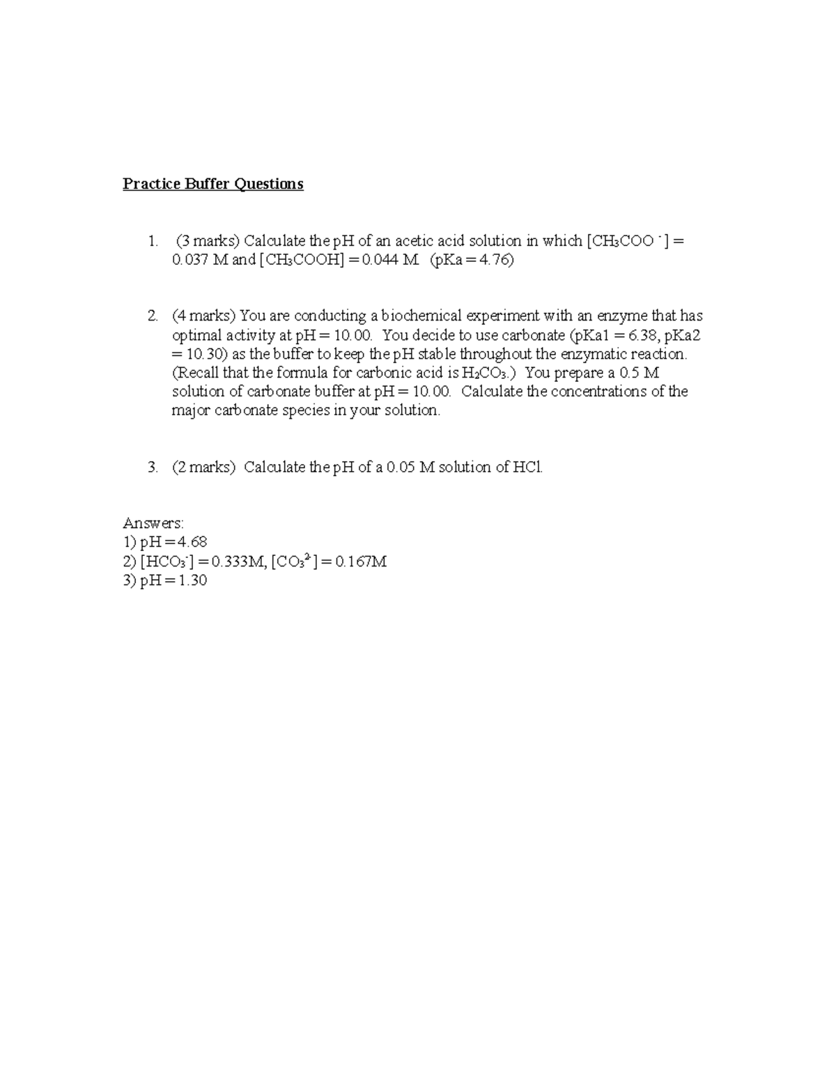 Practice p H Questions - Practice Buffer Questions (3 marks) Calculate ...