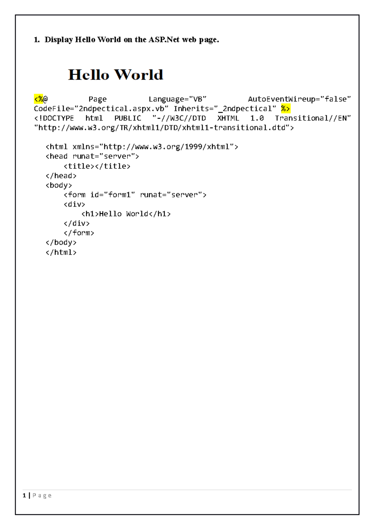 ASPfile 1 - 1. Display Hello World on the ASP web page.