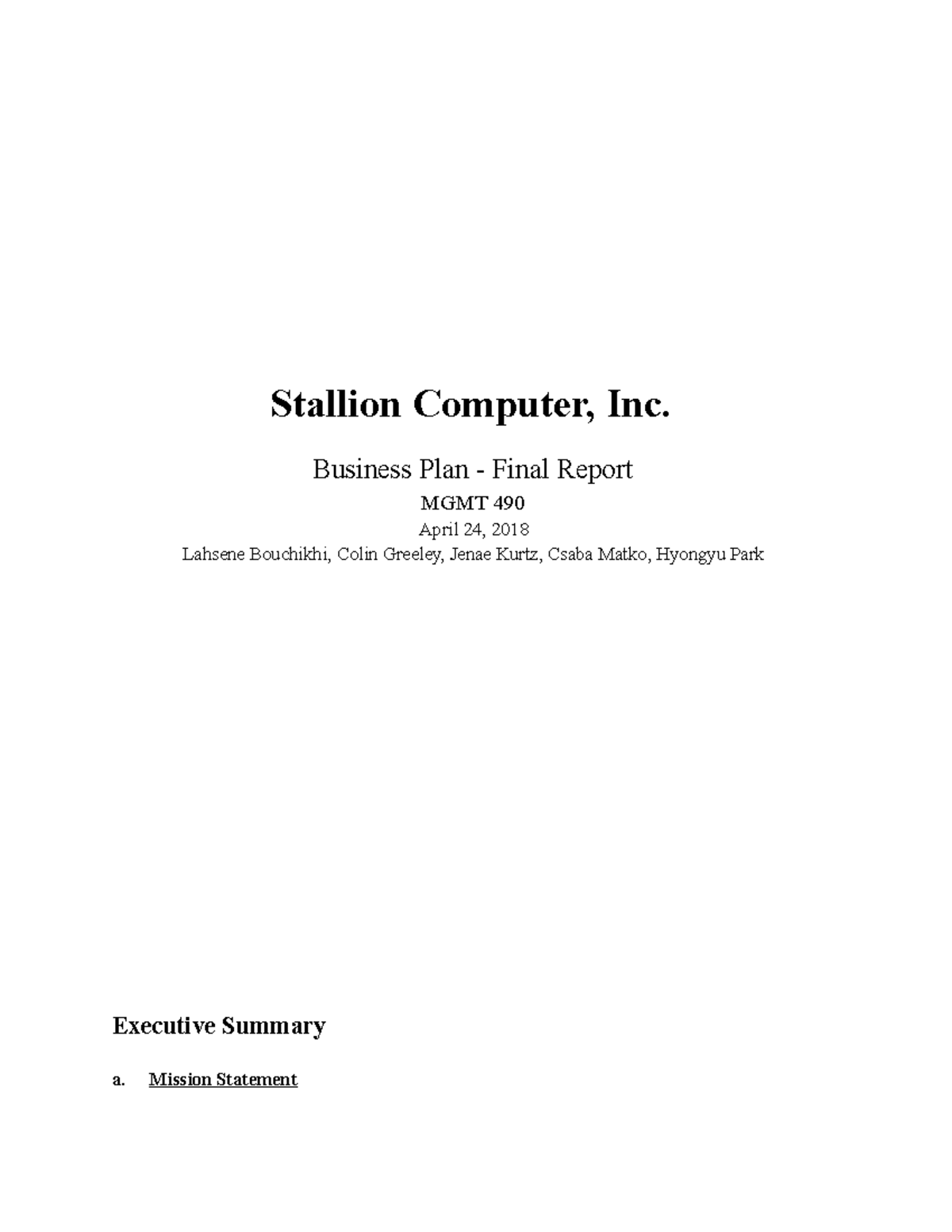 Final Report for Simulation - Stallion Computer, Inc. Business Plan ...