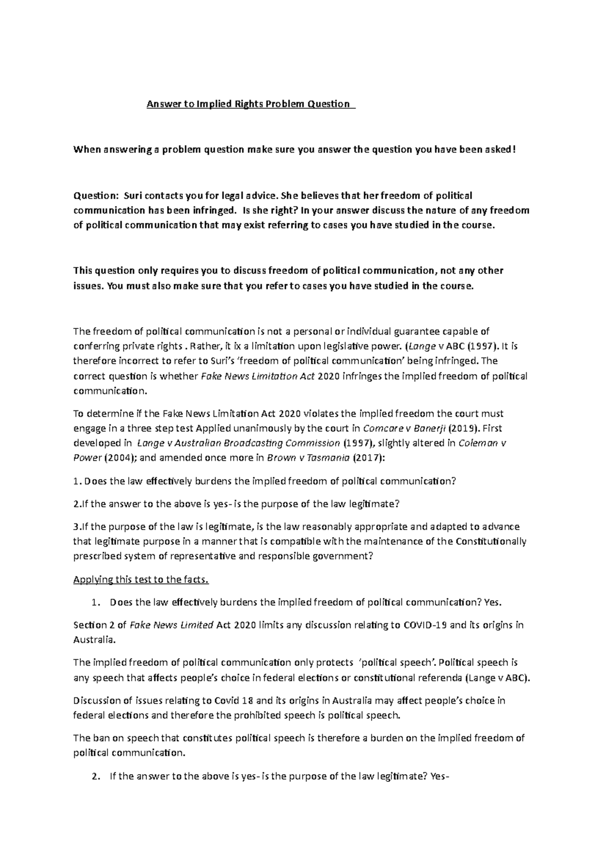 Implied Rights Problem Question Answer - 200009 - UWS - Studocu