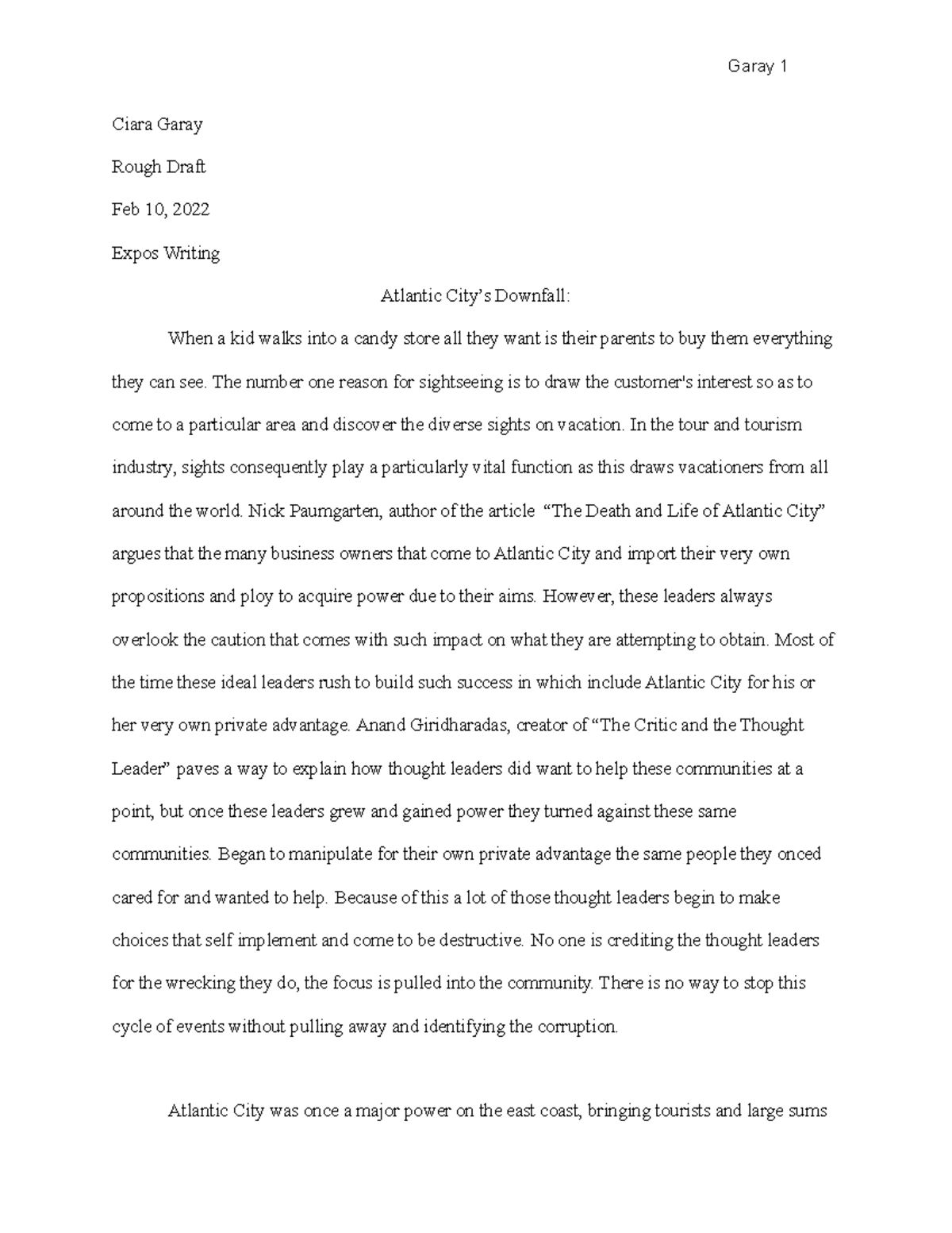 Garay- Rough Draft Essay 1 - Ciara Garay Rough Draft Feb 10, 2022 Expos ...