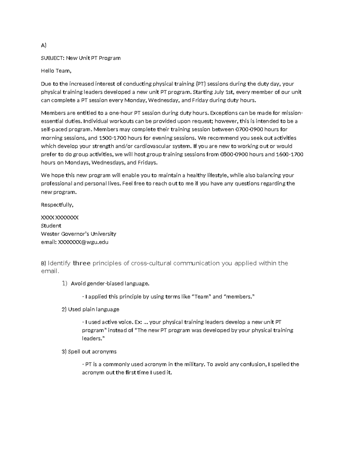 D270 - PA Task 1 - A) SUBJECT: New Unit PT Program Hello Team, Due to ...