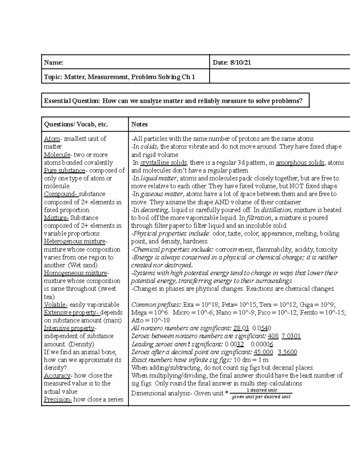 CHE 131 Notes 1 - Name: Date: 8/10/ Topic: Matter, Measurement, Problem ...