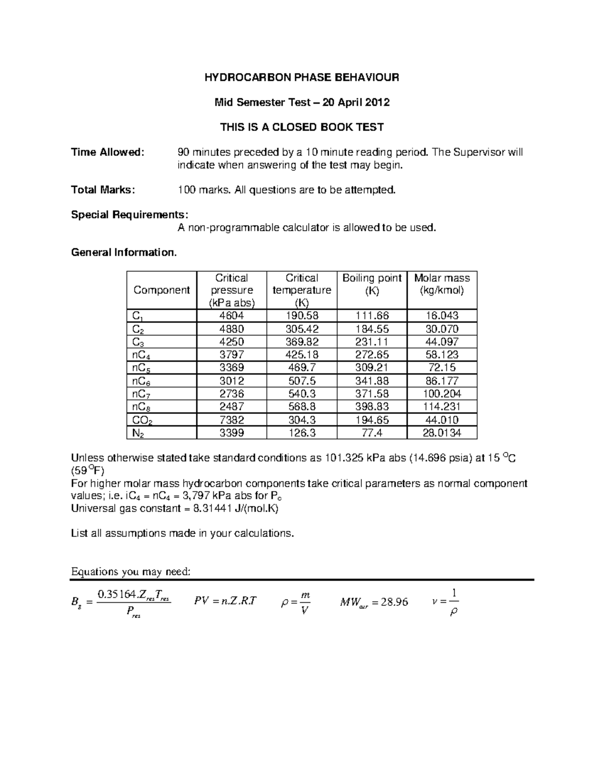 Mid test 15 July 2012, questions - HYDROCARBON PHASE BEHAVIOUR Mid ...