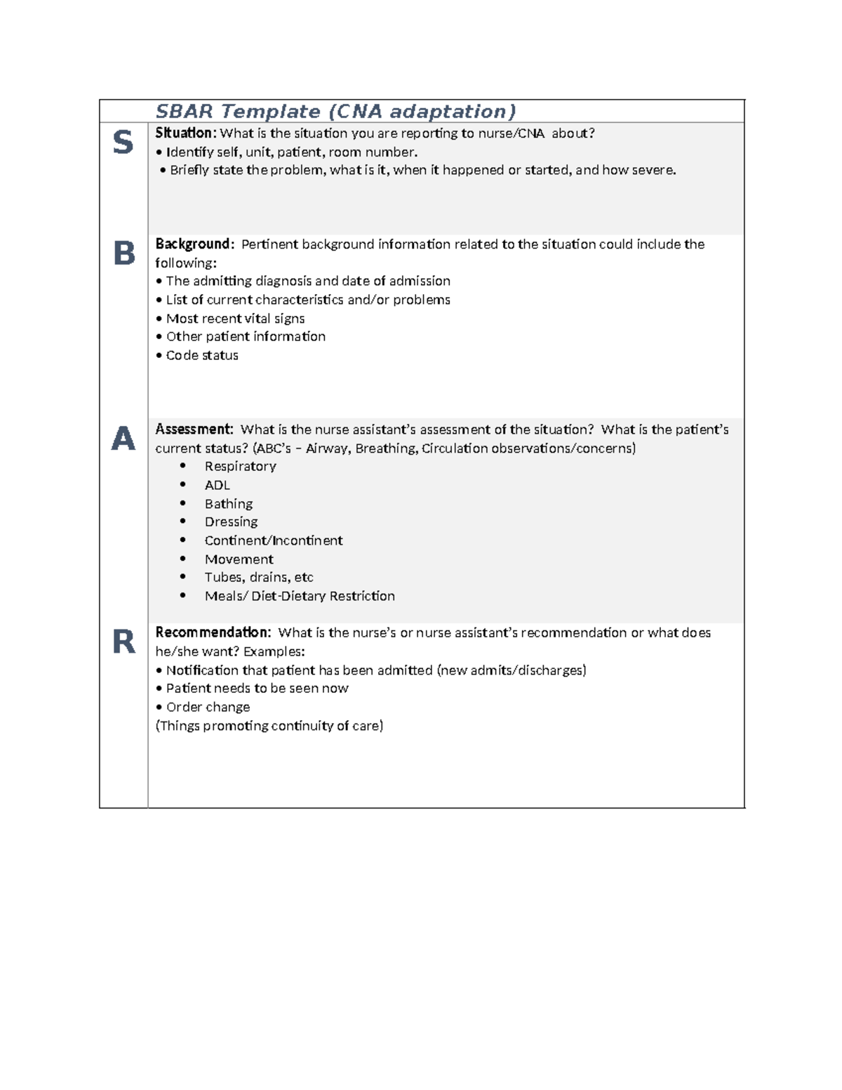 SBAR Template - • Briefly state the problem, what is it, when it ...