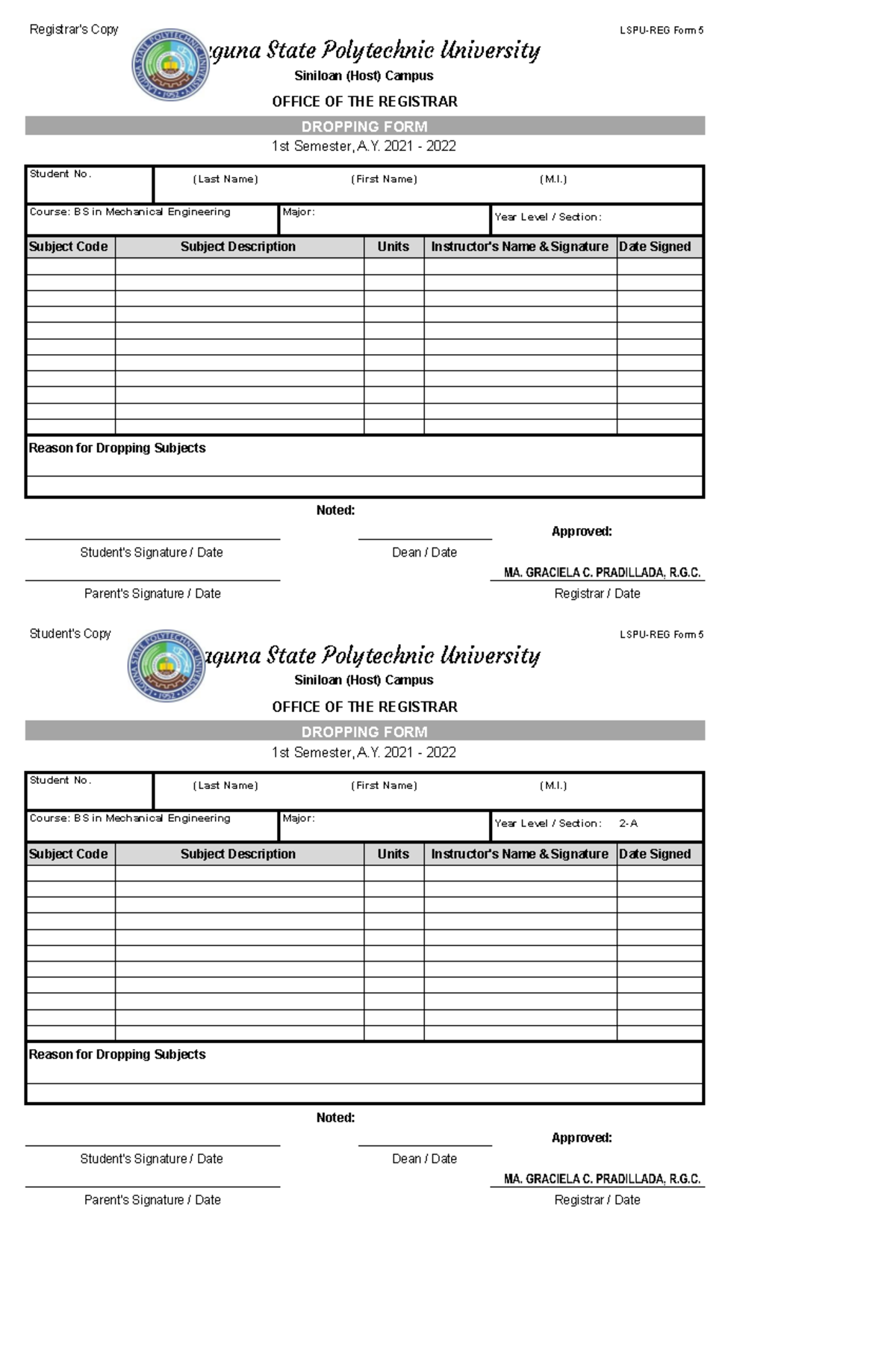 Copy of Dropping-FORM.xlsx - Sheet 1 - Registrar's Copy LSPU-REG Form 5 ...