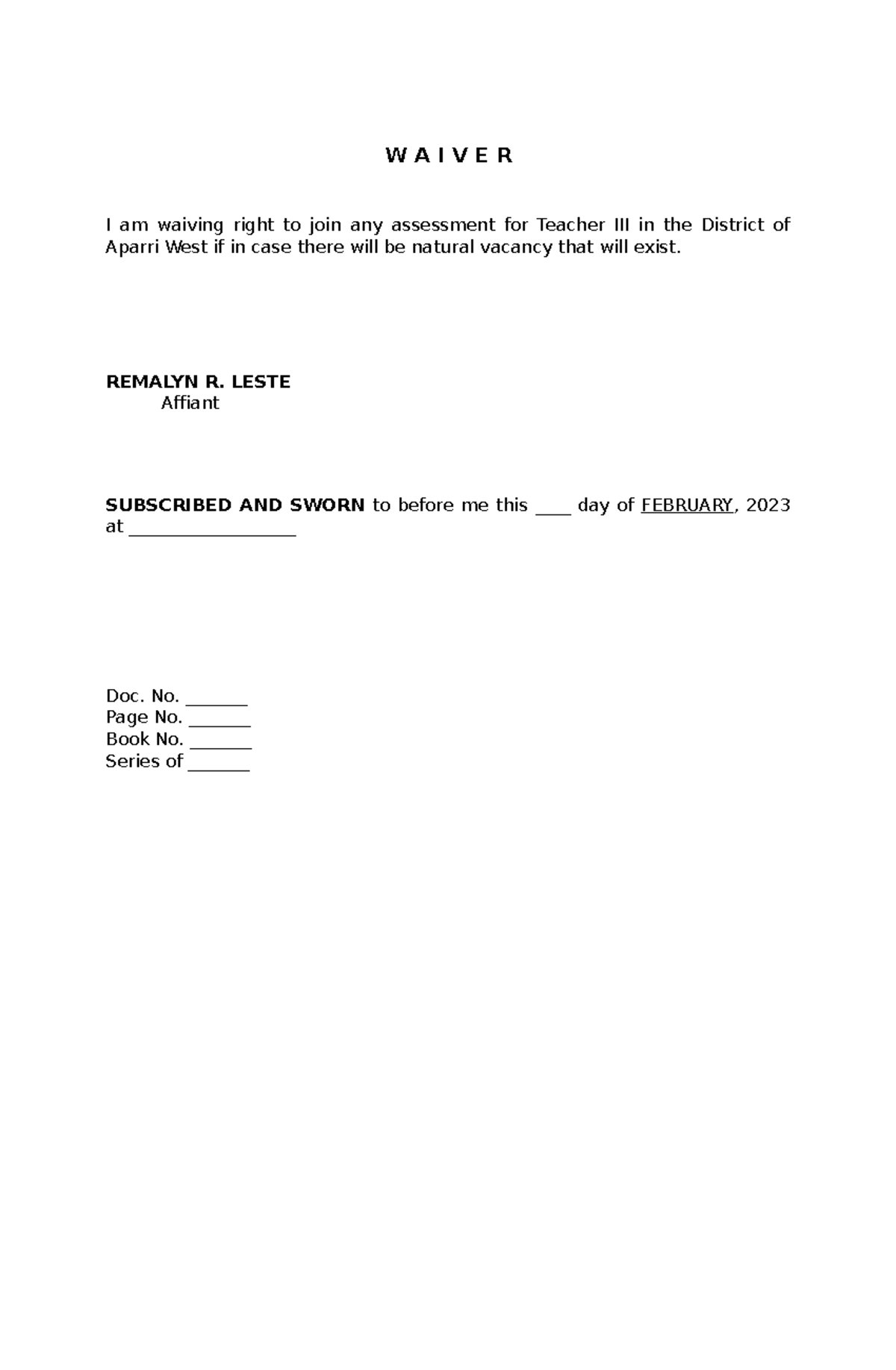 Waiver-T3 - N/a - W A I V E R I am waiving right to join any assessment ...