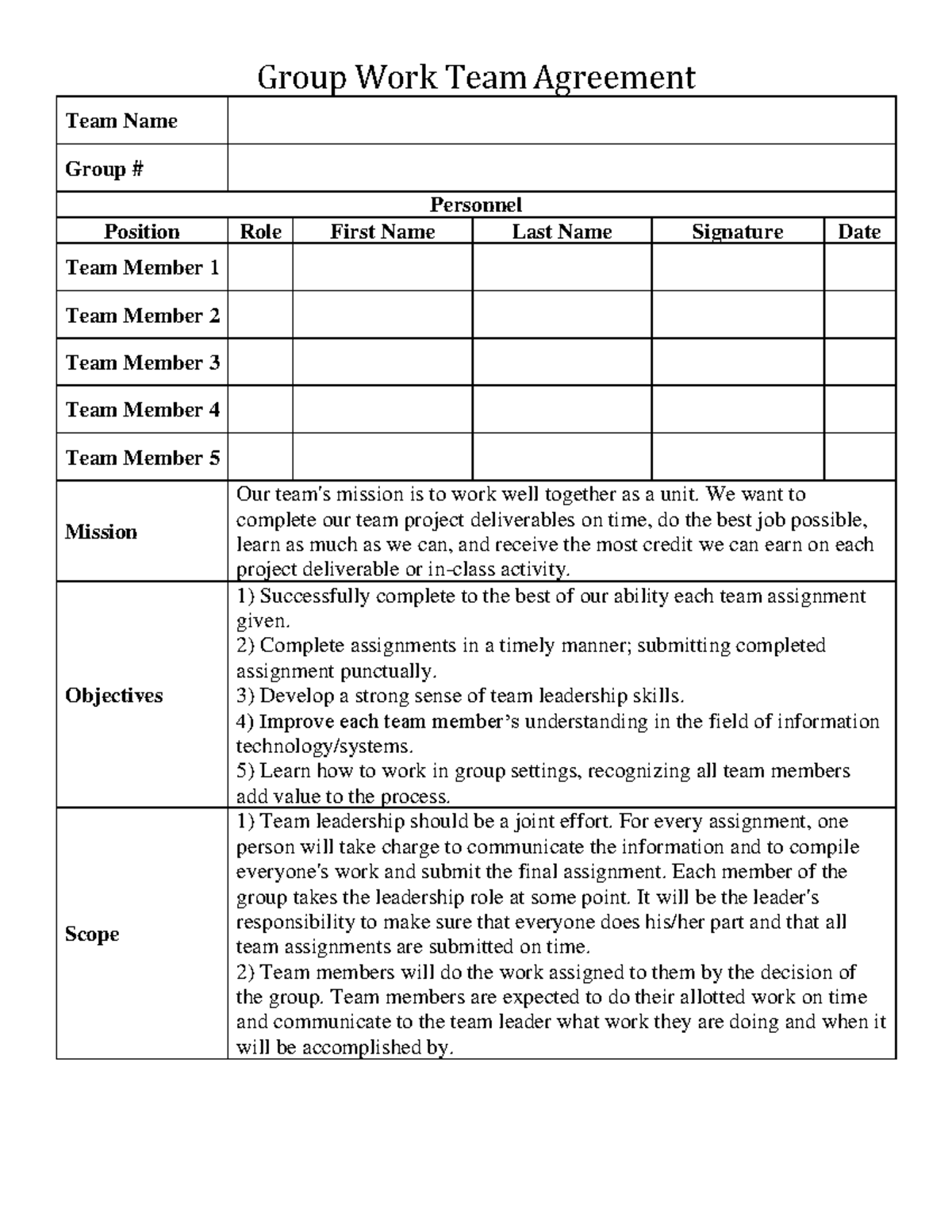 Group Work Team Agreement F22 - Group Work Team Agreement Team Name ...