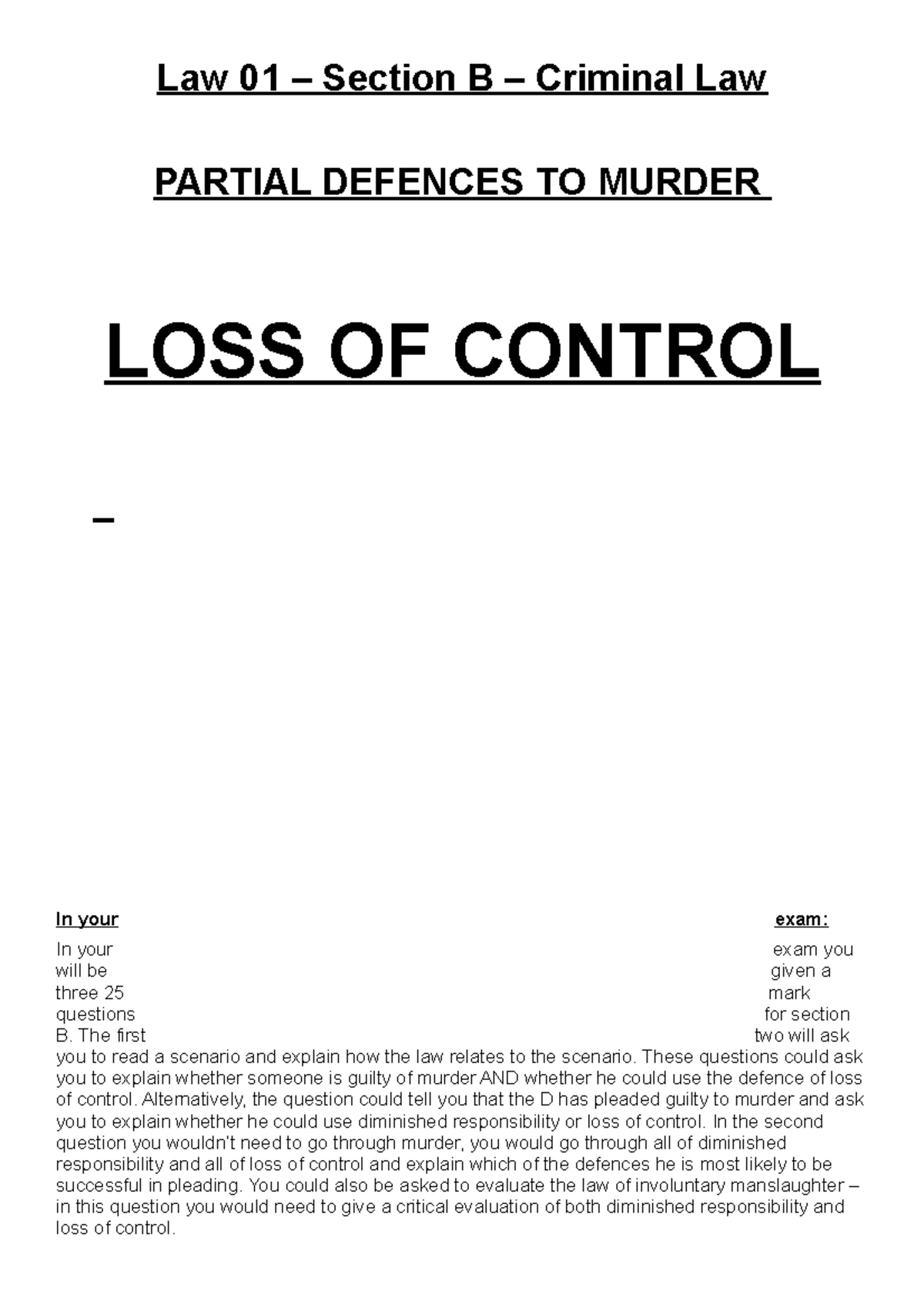 Loss of Control - Law 01 – Section B – Criminal Law PARTIAL DEFENCES TO ...