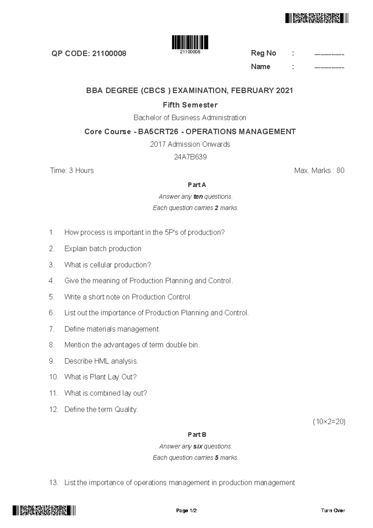 Operations Management 2021 - QP CODE: 21100008 Reg No ...